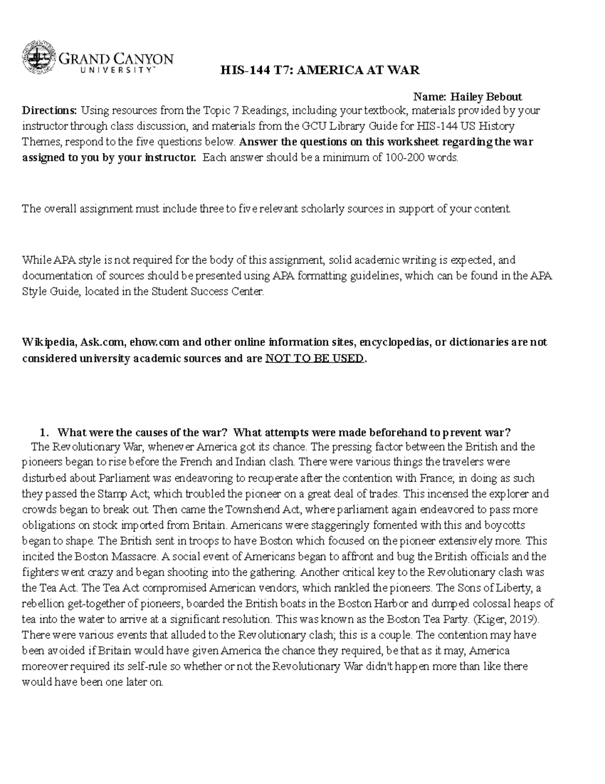 America At War - n/a - HIS-144 T7: AMERICA AT WAR Name: Hailey Bebout ...