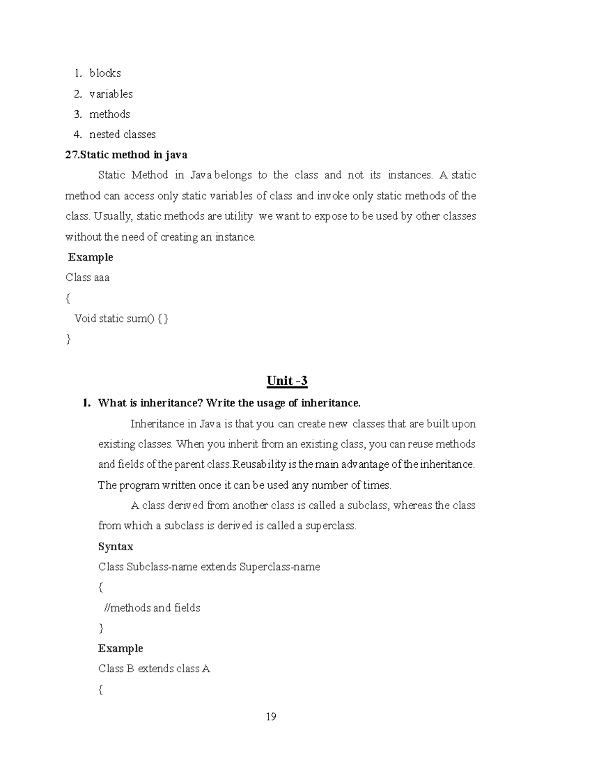 Question BANK JAVA - ... - blocks variables methods nested classes 27 ...
