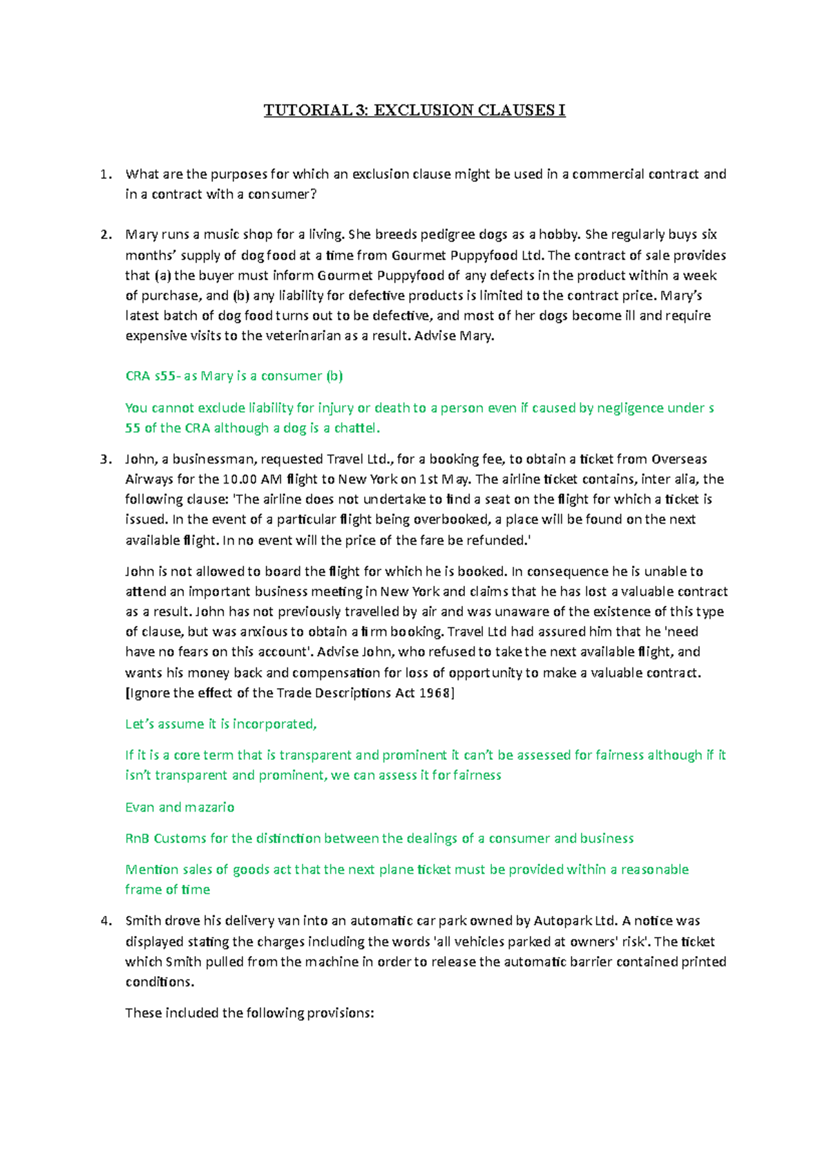 Tutorial Notes - TUTORIAL 3: EXCLUSION CLAUSES I What are the purposes ...