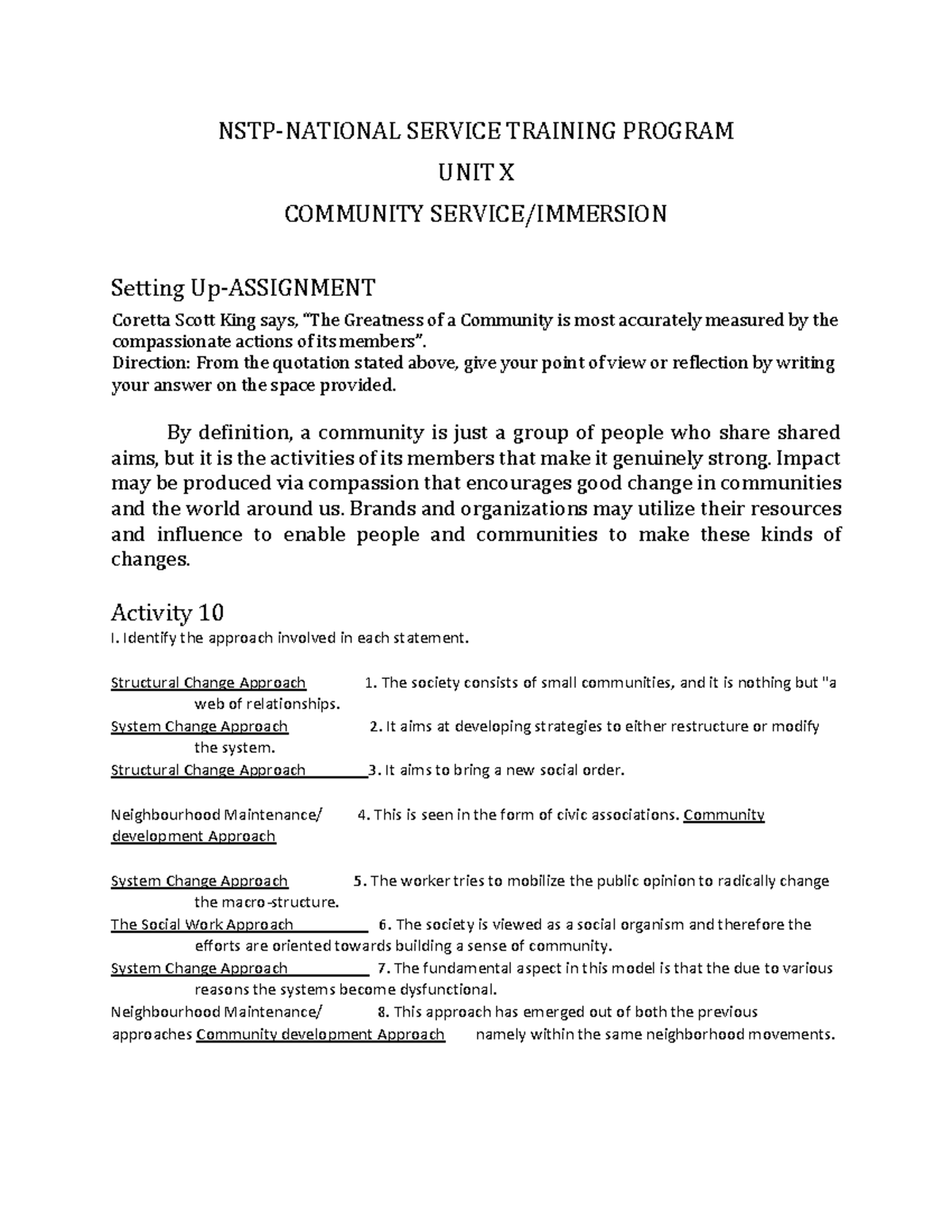 NSTP UNIT X - NSTP-NATIONAL SERVICE TRAINING PROGRAM UNIT X- COMMUNITY ...