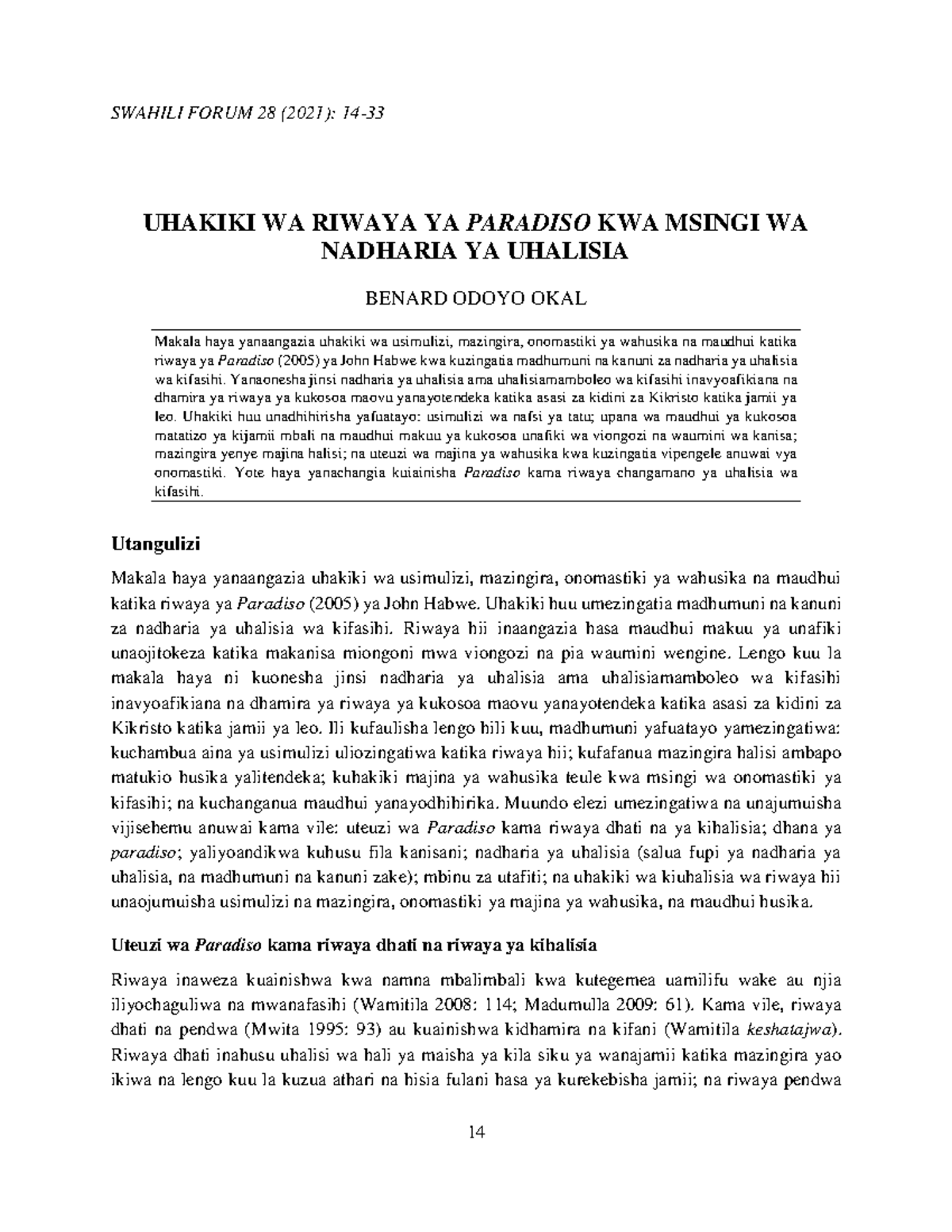 Volltext (PDF) - Eork - SWAHILI FORUM 28 (20 21 ): 14 - 33 UHAKIKI WA ...