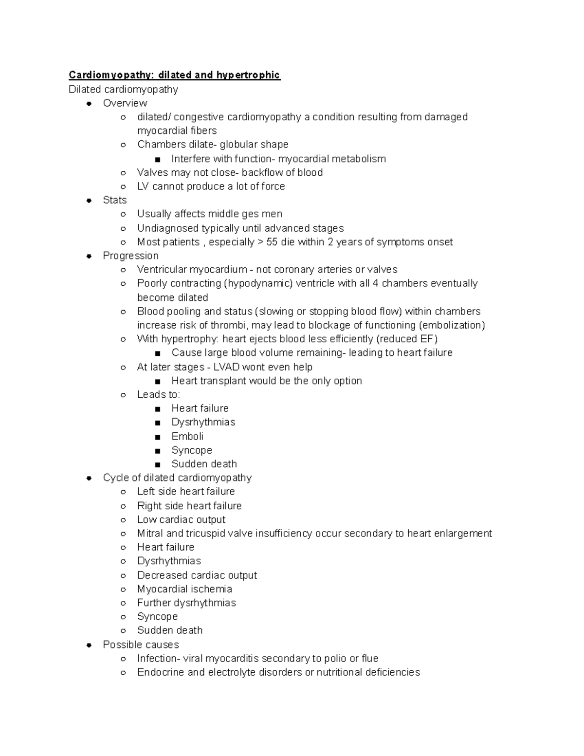 Part 2 - notes - Cardiomyopathy: dilated and hypertrophic Dilated ...