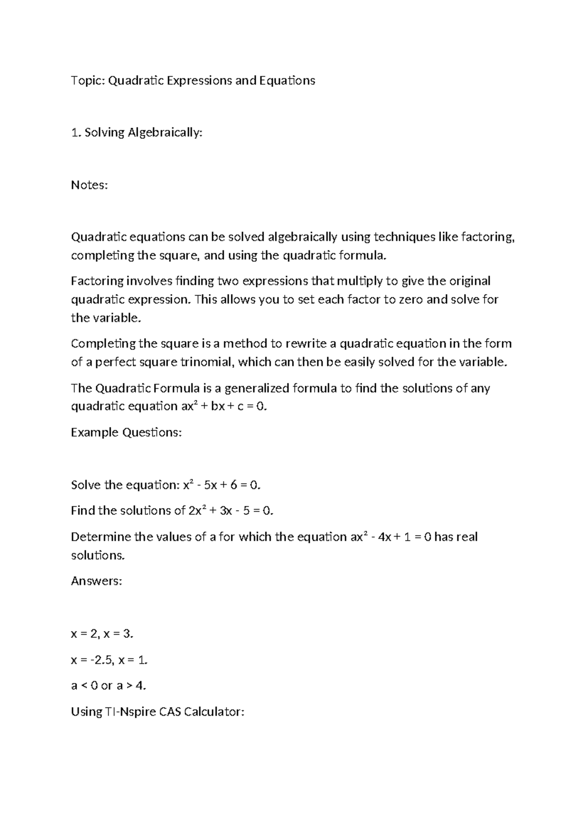 Math Quadractics Notes For Quadratics For Year 10 Methods Topic