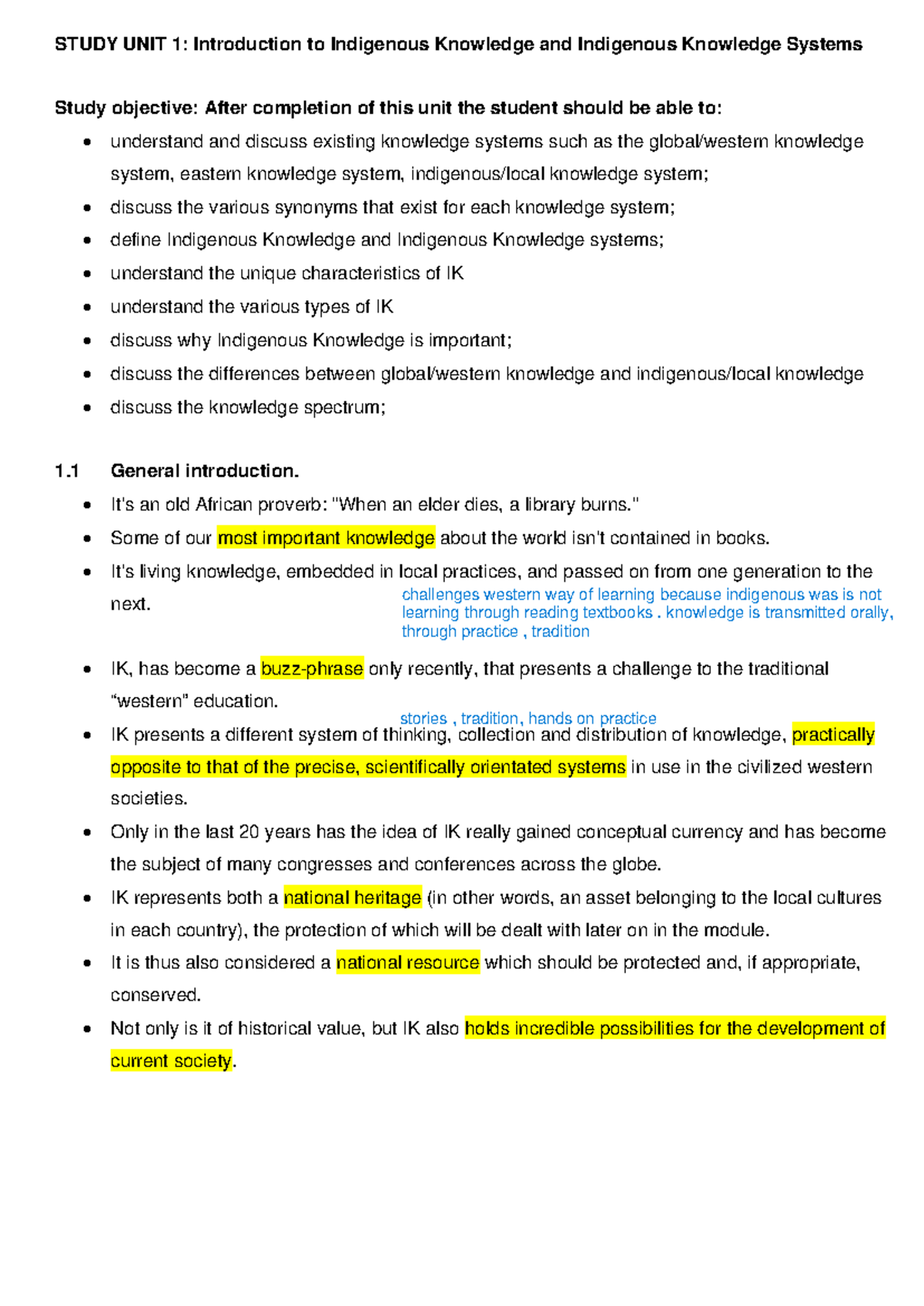 Study UNIT 1 - STUDY UNIT 1: Introduction to Indigenous Knowledge and ...