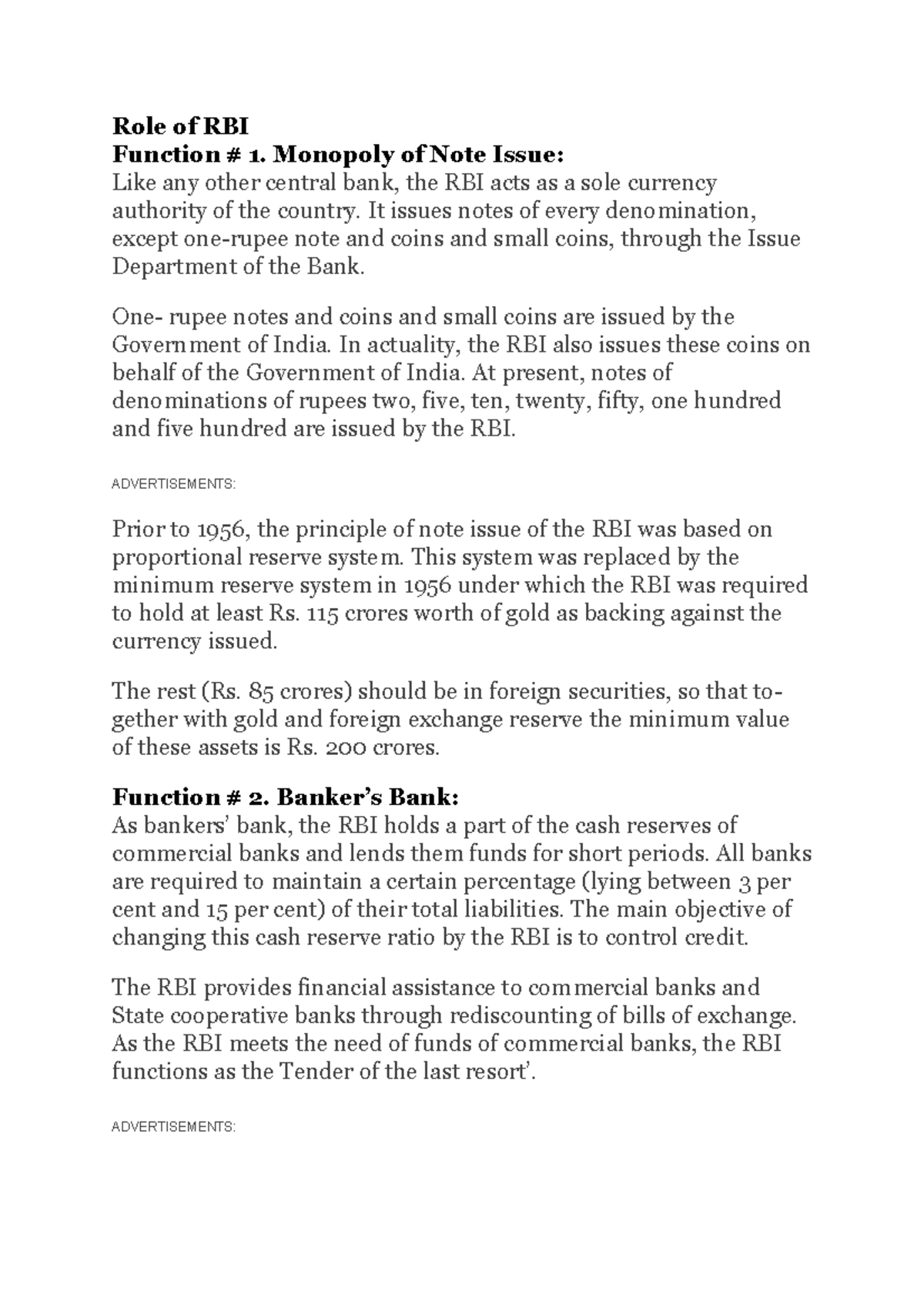 IFS CIA - IFS CIA - Role of RBI Function # 1. Monopoly of Note Issue ...