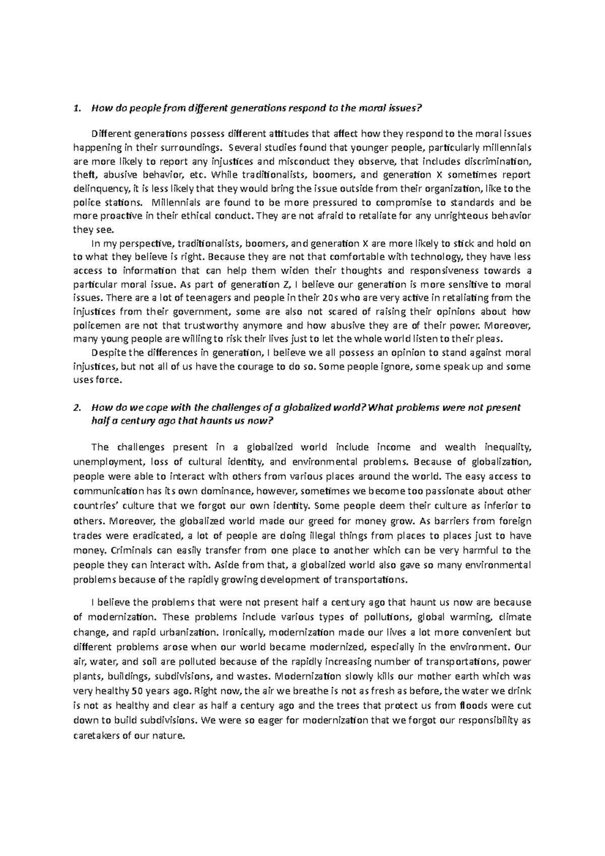 Reflection paper - 1. How do people from different generations respond ...