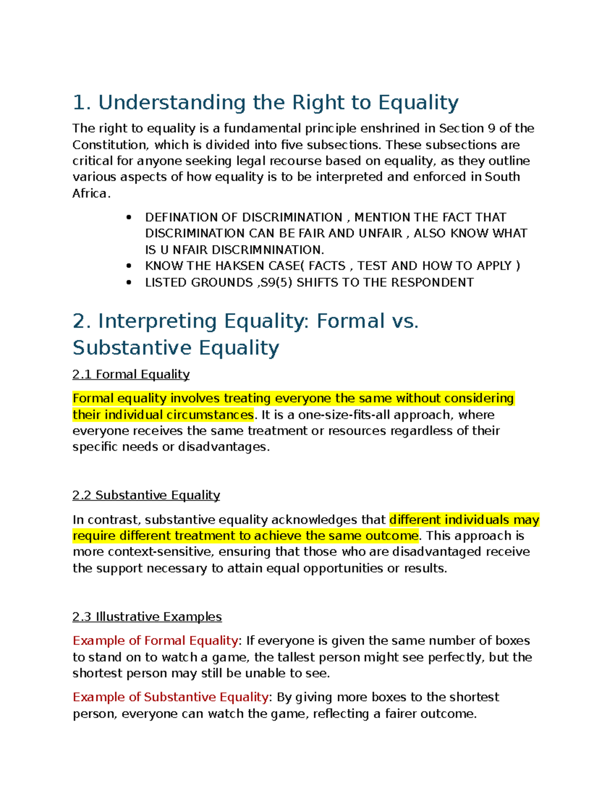 CON - Equality Notes - 1. Understanding the Right to Equality The right ...