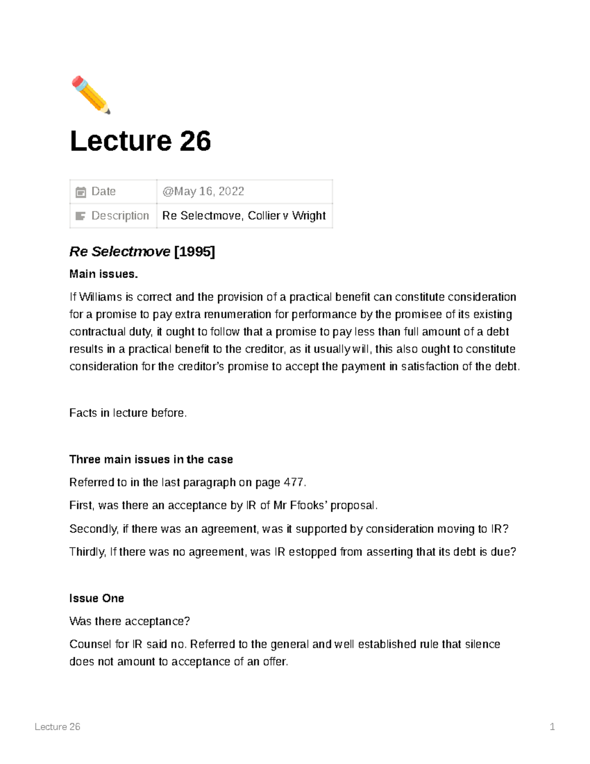 Lecture 26 summary - Lecture 26 Date Description Re Selectmove, Collier v Wright Re Selectmove ...