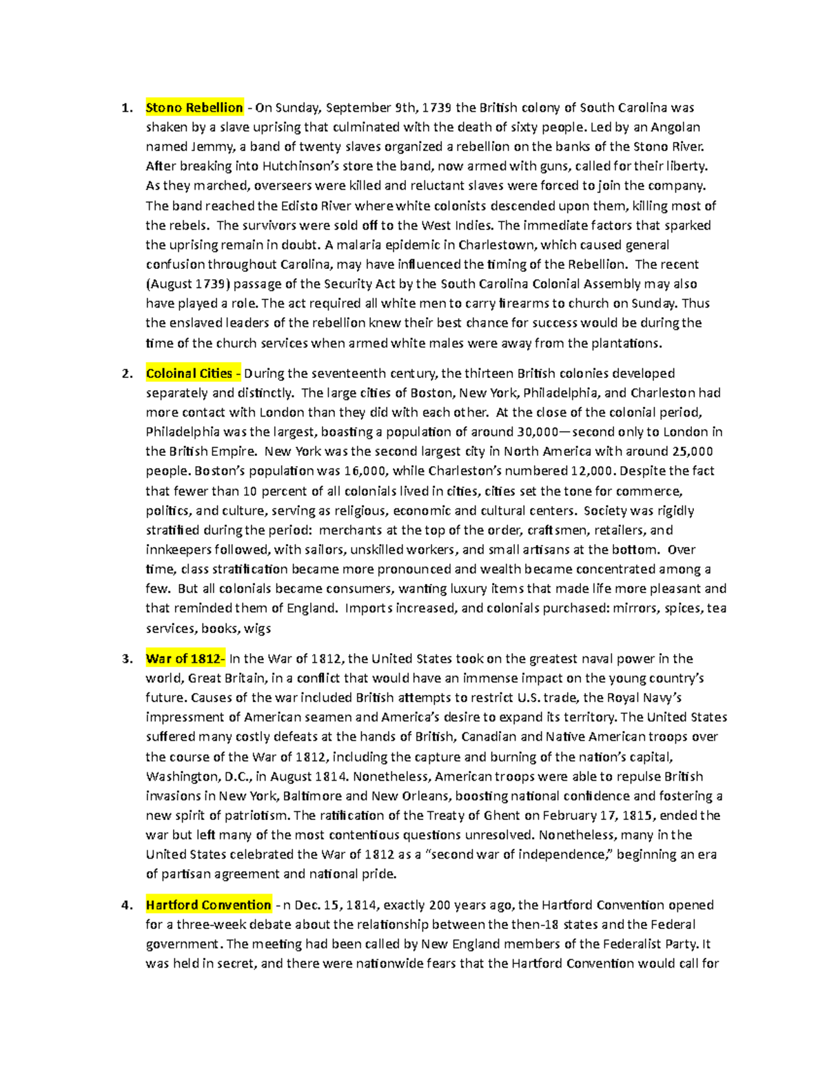 History Three - Notes taken for test. - Stono Rebellion - On Sunday ...