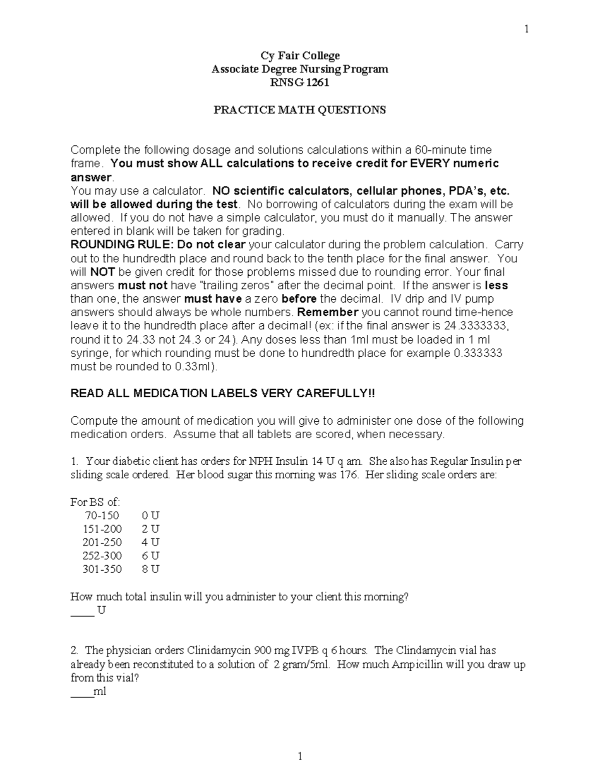 Practice math questions 1261 - 1 Cy Fair College Associate Degree ...