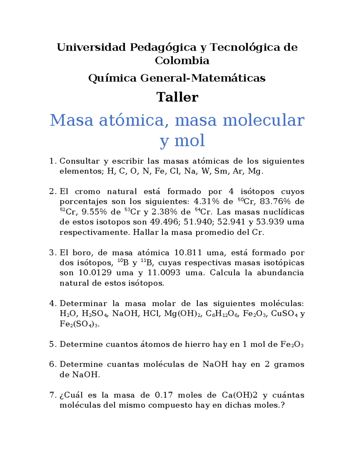 Taller masa atómica, masa molecular y mol - Universidad Pedagógica y ...