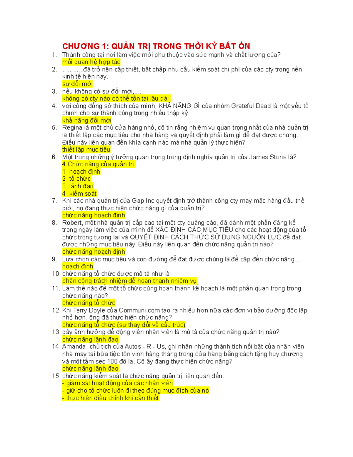 QTH CHƯƠNG 1 - tn c1 mon qth - CHƯƠNG 1: QUẢN TRỊ TRONG THỜI KỲ BẤT ỔN Thành công tại nơi làm ...