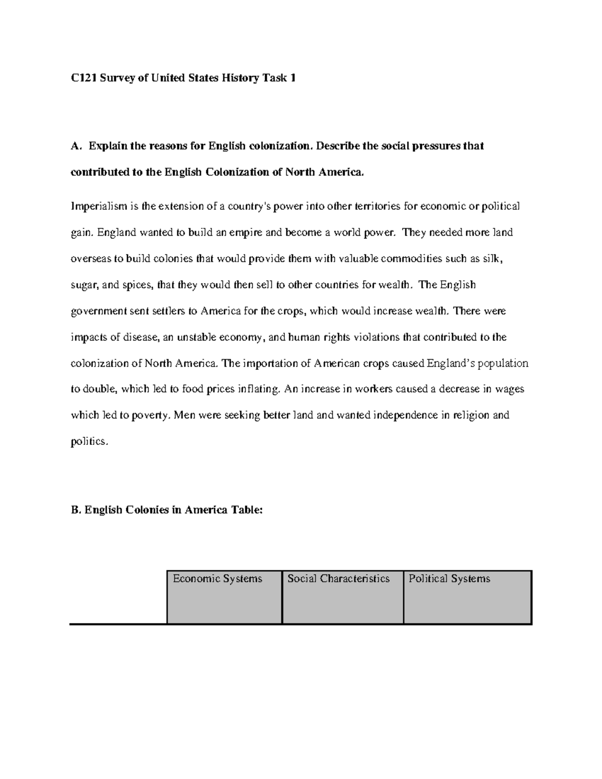 C121 Survey of United States History Task 1 - Explain the reasons for ...