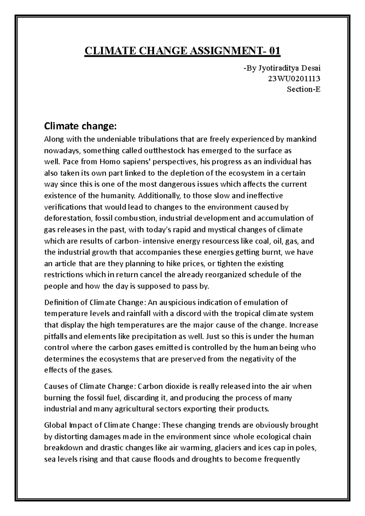 Jyotir climate - CLIMATE CHANGE ASSIGNMENT- 01 By Jyotiraditya Desai 23WU0201 113 Section-E ...