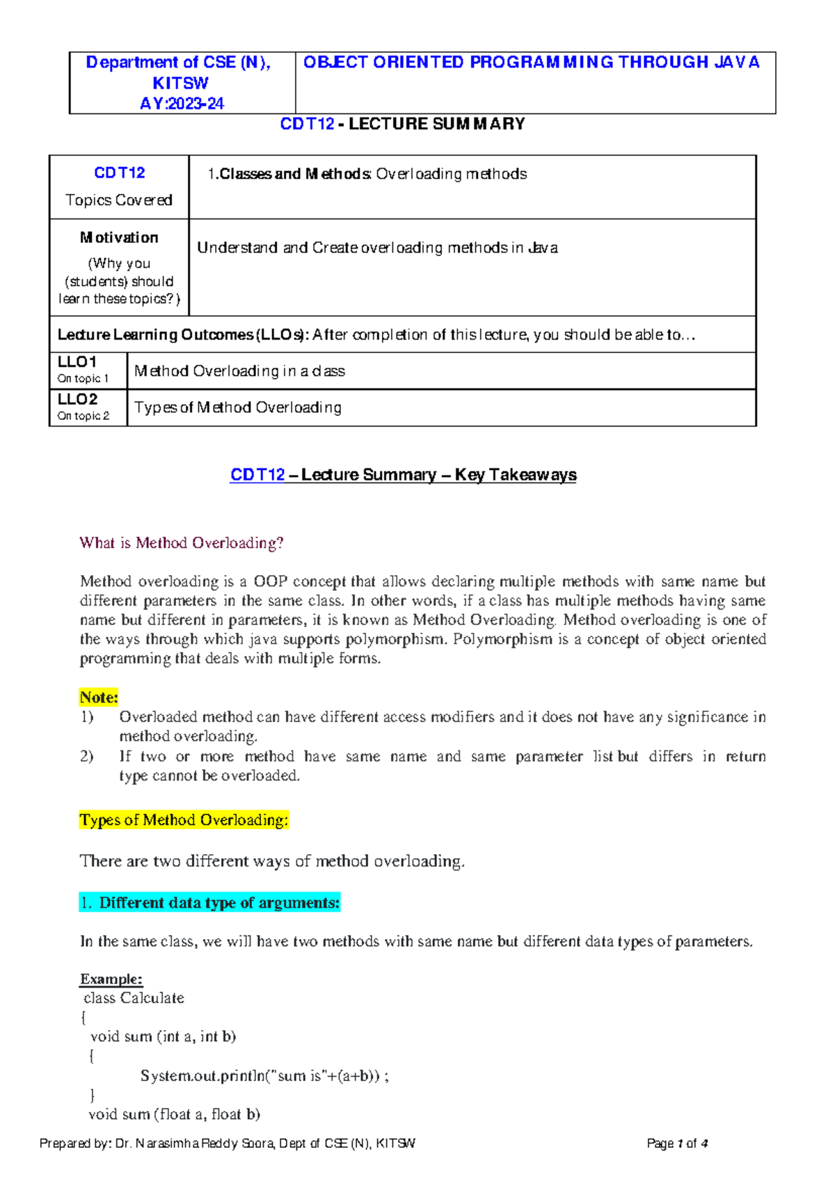 Oopj Cdt12 Summary Snr 2023 24 Ki Tsw Ay2023 Cd T12 Lecture Sum M Ary Cd T Topics Covered