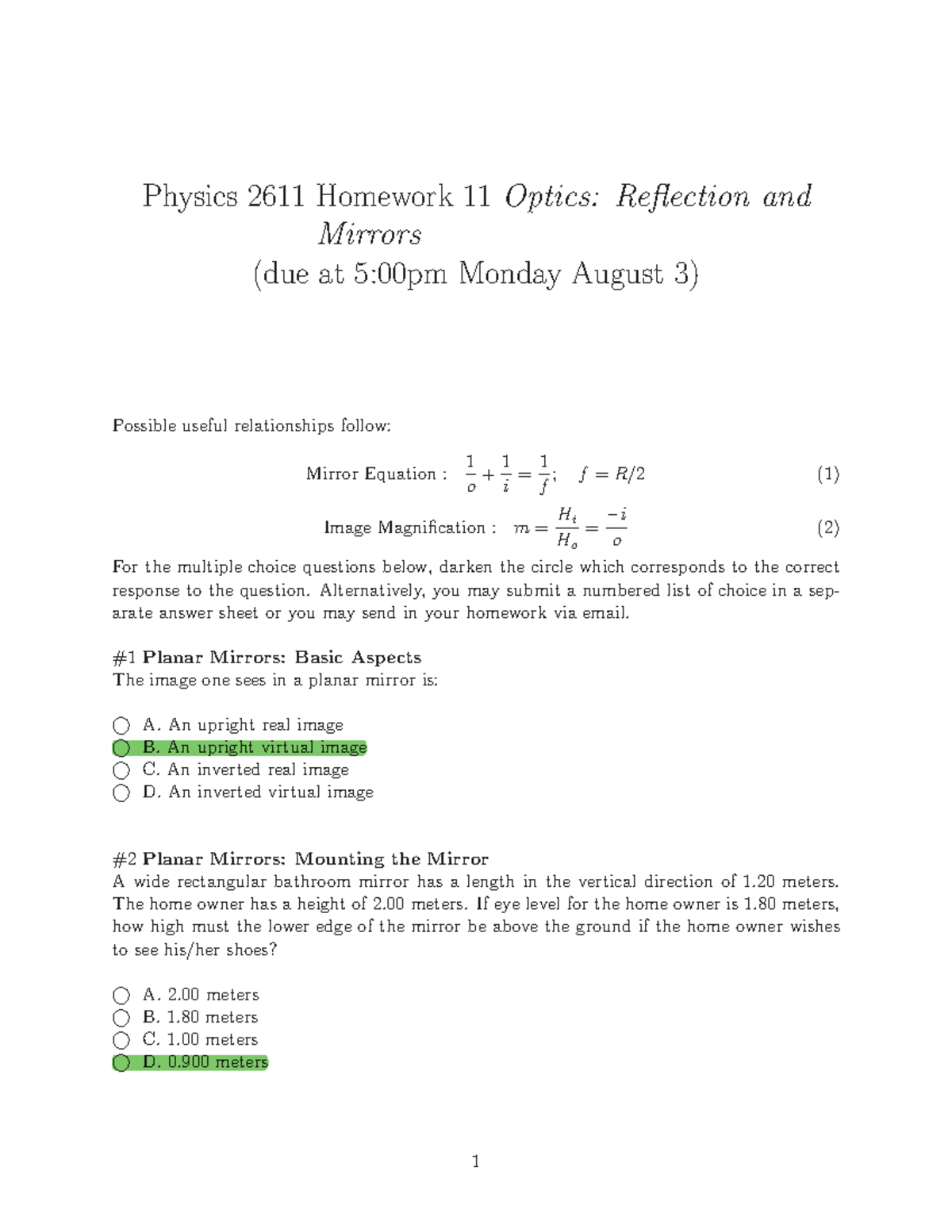 Physics 2 HW #11 - Worksheet - Physics 2611 Homework 11 Optics ...