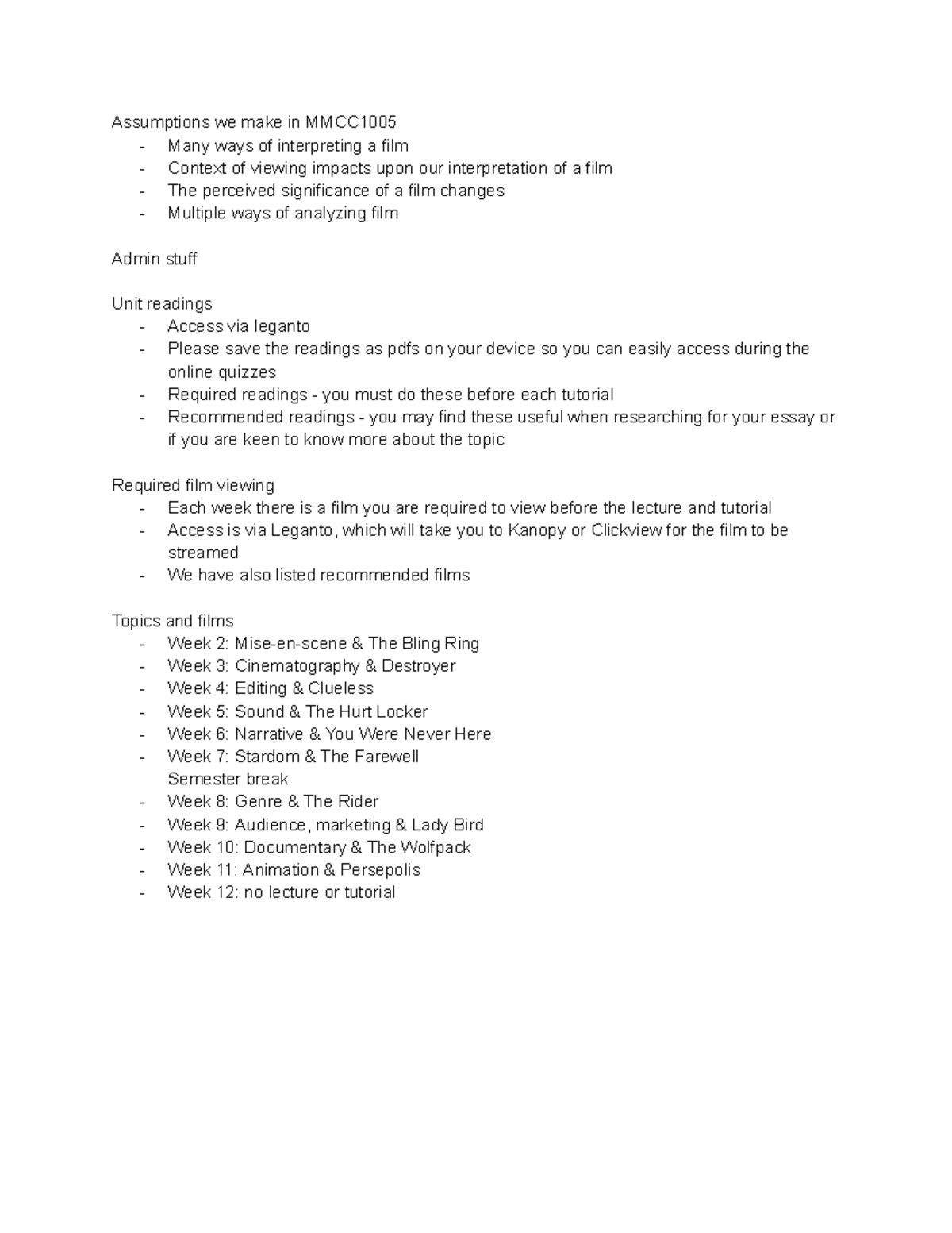 Intro to Cinema - Basic lecture notes based on slides, course outlines ...