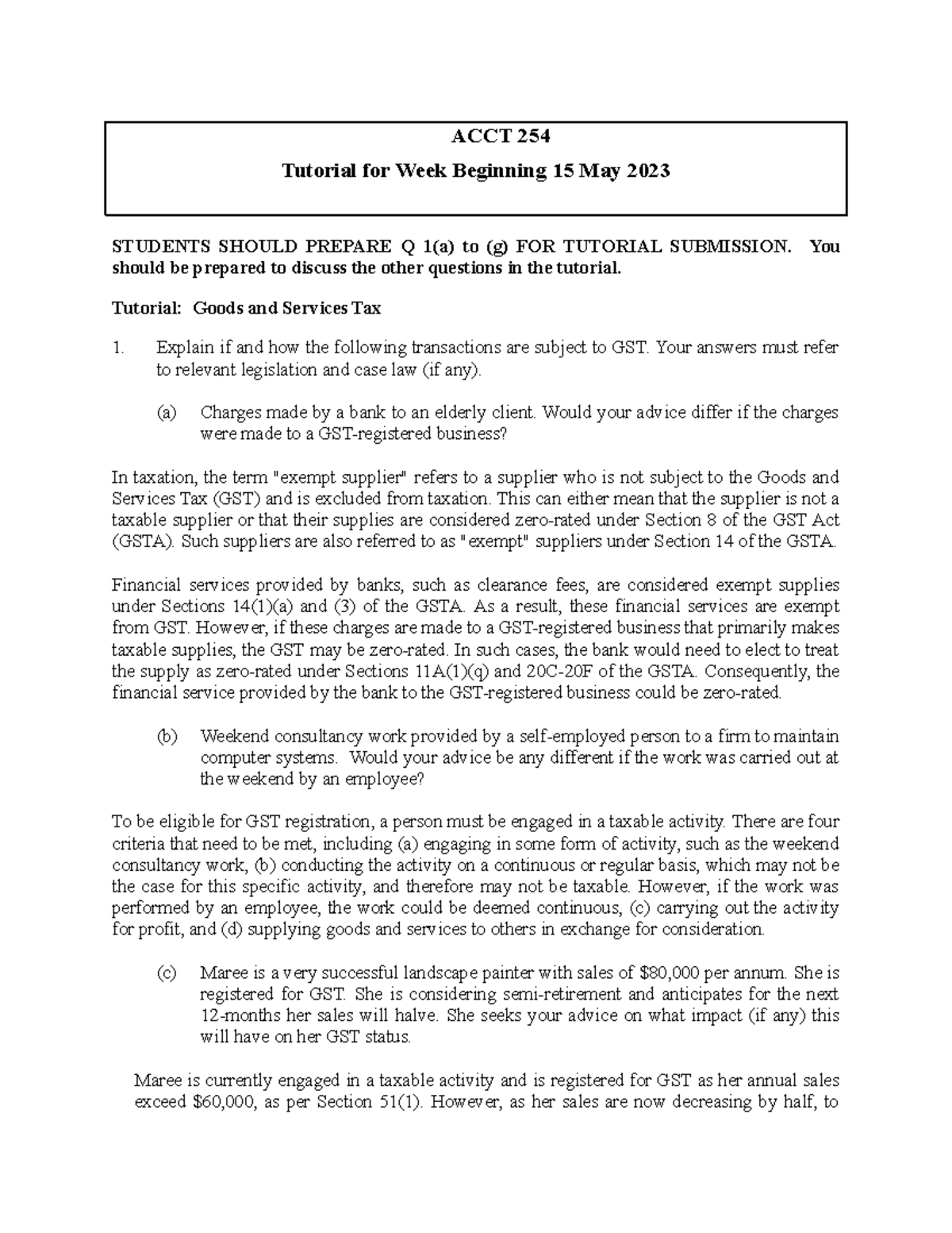 Acct 254 Tut 9 This Is A Compulsory Tutorial Submission For Week 9 Acct 254 Tutorial For