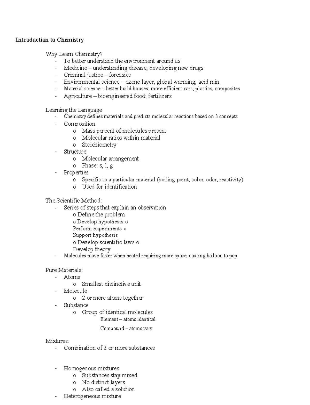 Introduction to Chemistry - Studocu