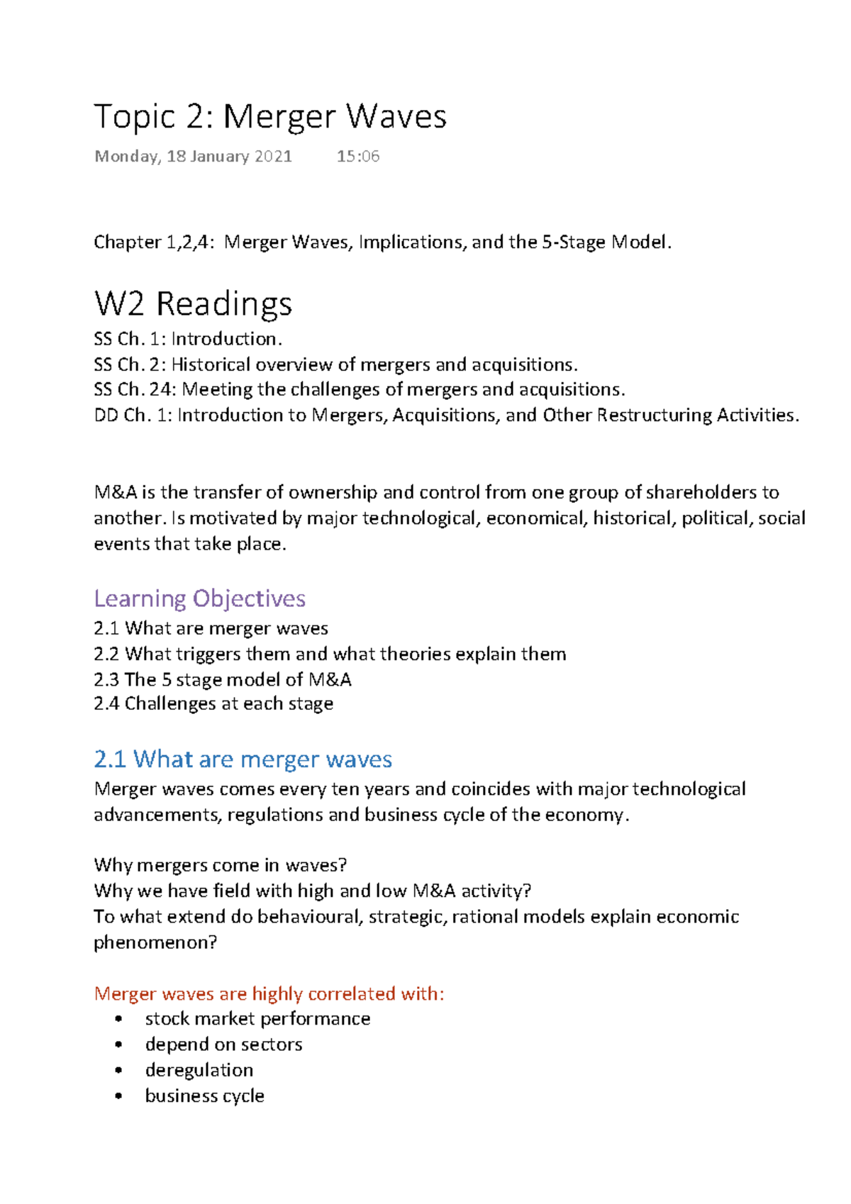 Topic 2 Merger Waves - Lecture notes Week 2 - Chapter 1,2,4: Merger ...