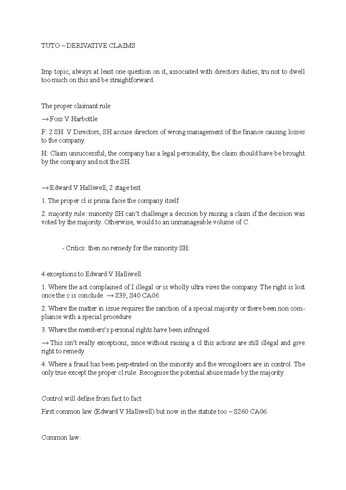 TUTO 7 - Derivative Claim - TUTO – DERIVATIVE CLAIMS Imp topic, always ...
