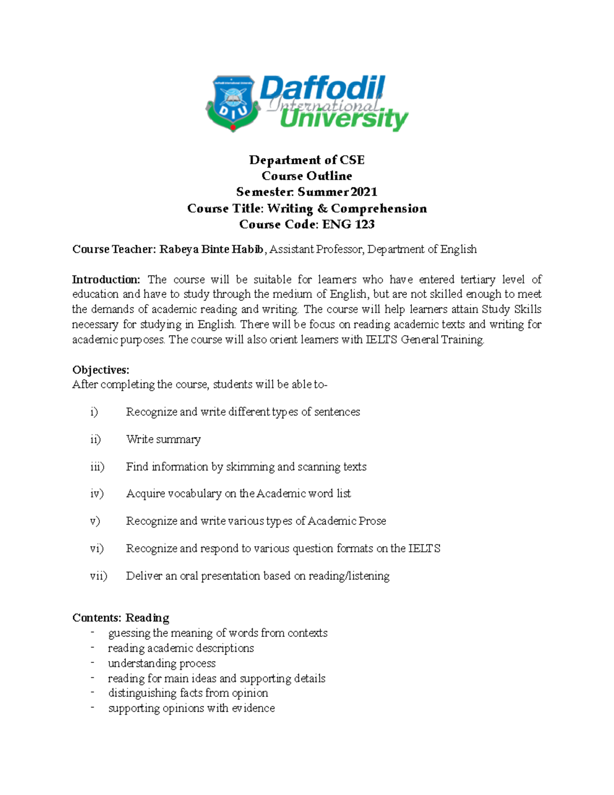 Course Outline English 2 - Department of CSE Course Outline Semester ...