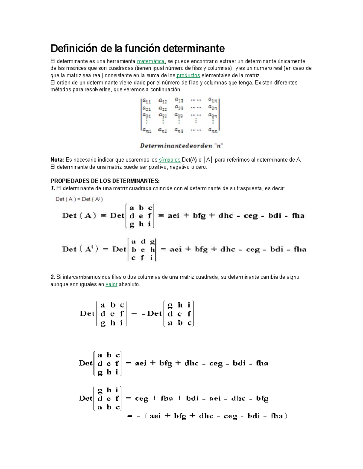 Definicion de la funcion determinante - Definición de la función determinante El determinante es ...