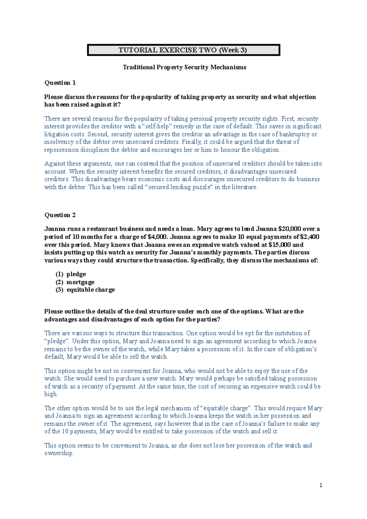 Tutorial Exercise TWO (Week 3) (suggested solution) - TUTORIAL EXERCISE TWO (Week 3) Traditional ...