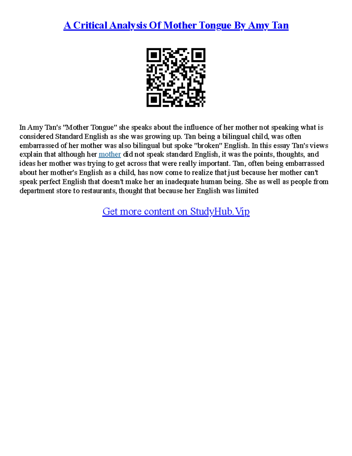 Essay On Mother Tongue - A Critical Analysis Of Mother Tongue By Amy ...