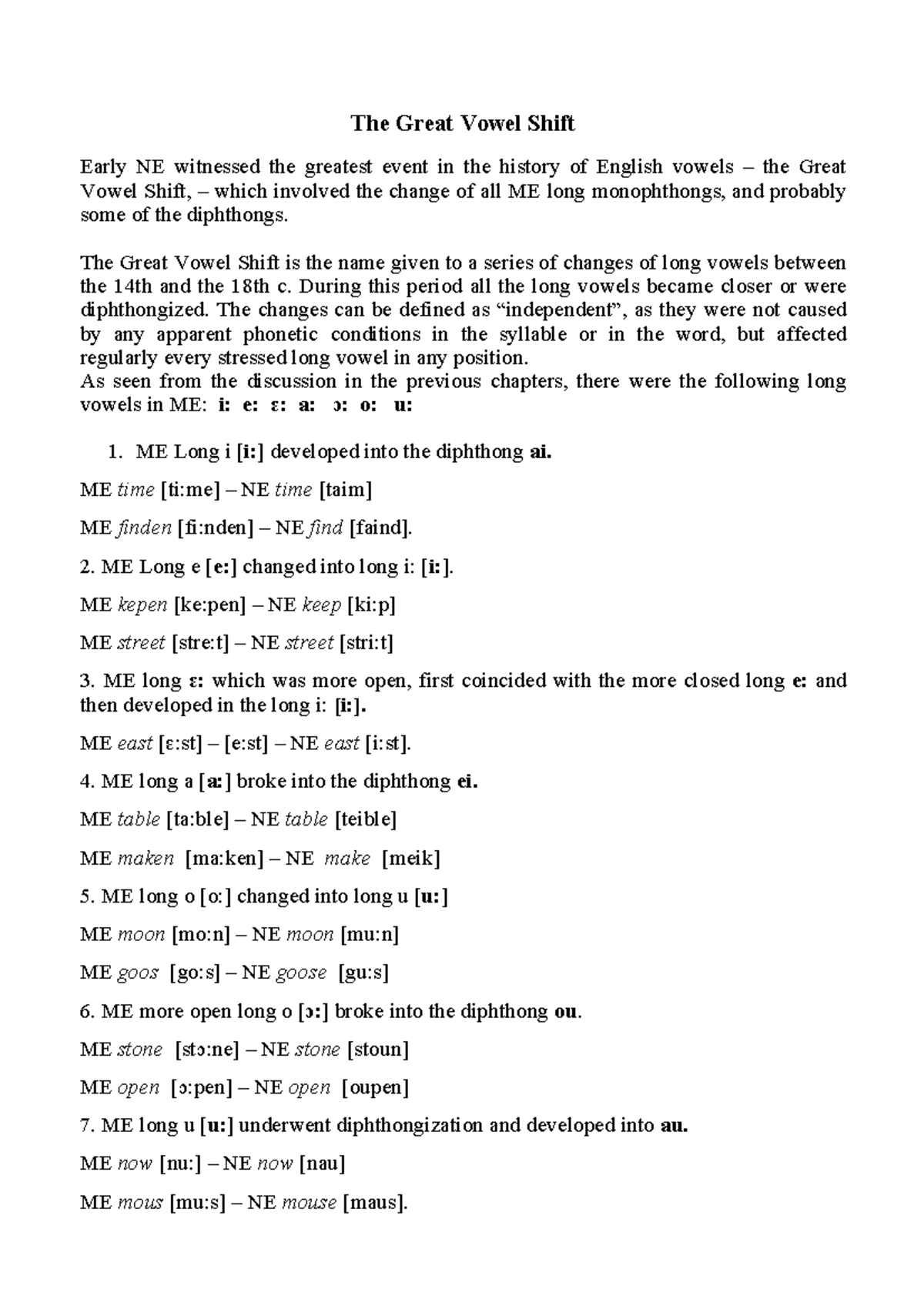 Reader 16n - Description - The Great Vowel Shift Early NE witnessed the ...