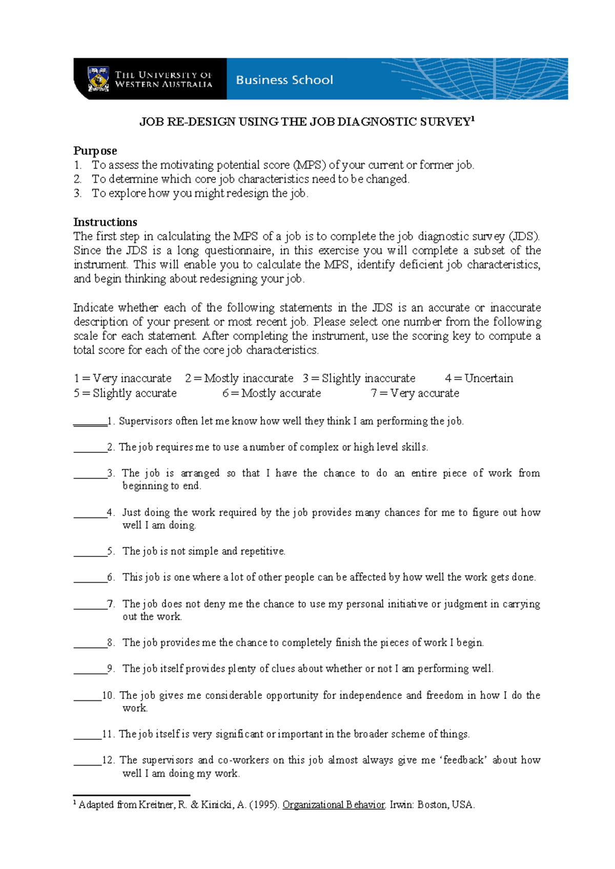 Job Design Exercise - JOB RE-DESIGN USING THE JOB DIAGNOSTIC SURVEY 1 ...
