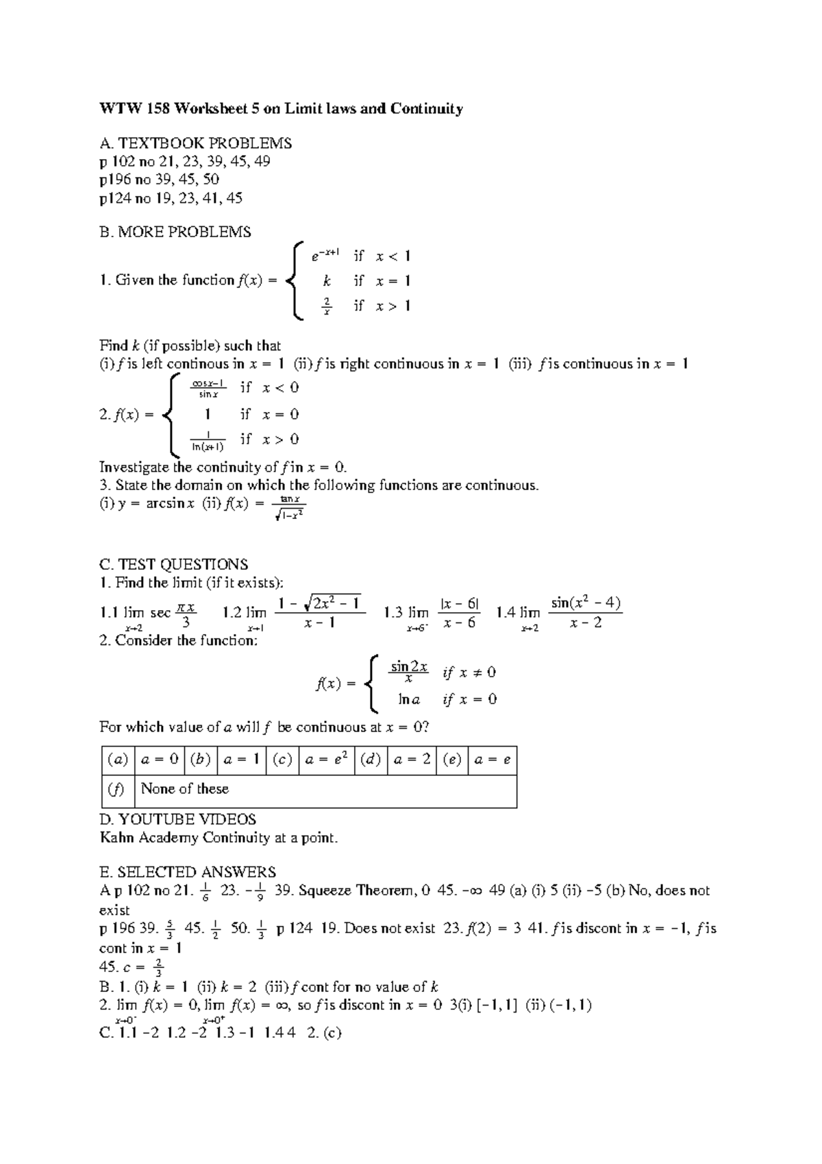 Worksheet 5 on limit laws and continuity - WTW 158 Worksheet 5 on Limit ...