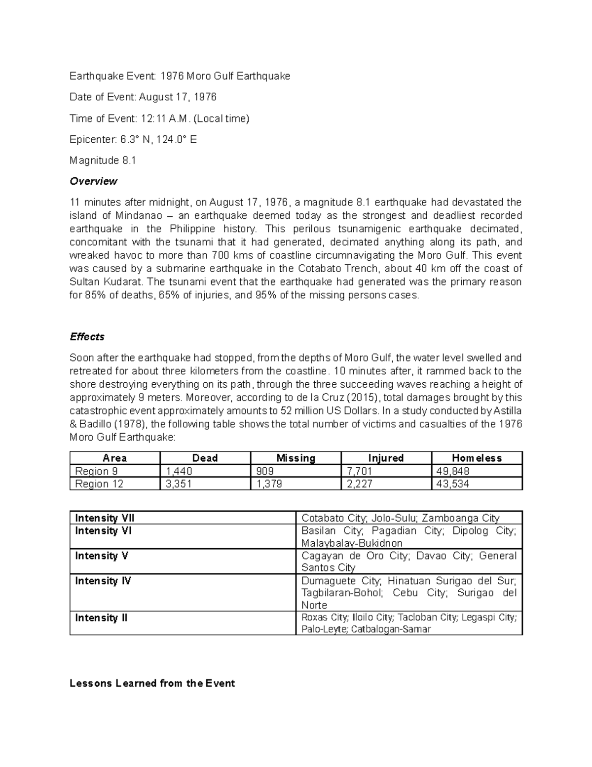 EQ ENGG - Notable EQ events in the Phl - Earthquake Event: 1976 Moro ...