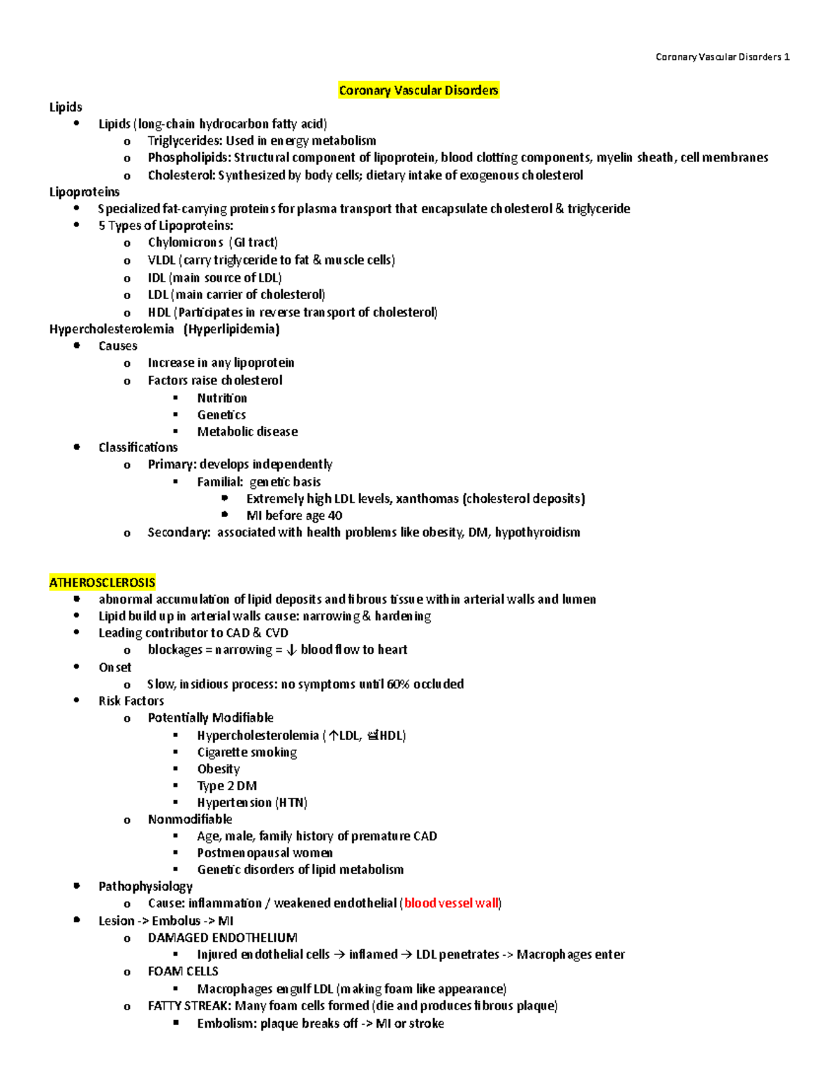 Plaque Disease - Lecture notes 7 - Coronary Vascular Disorders Lipids ...