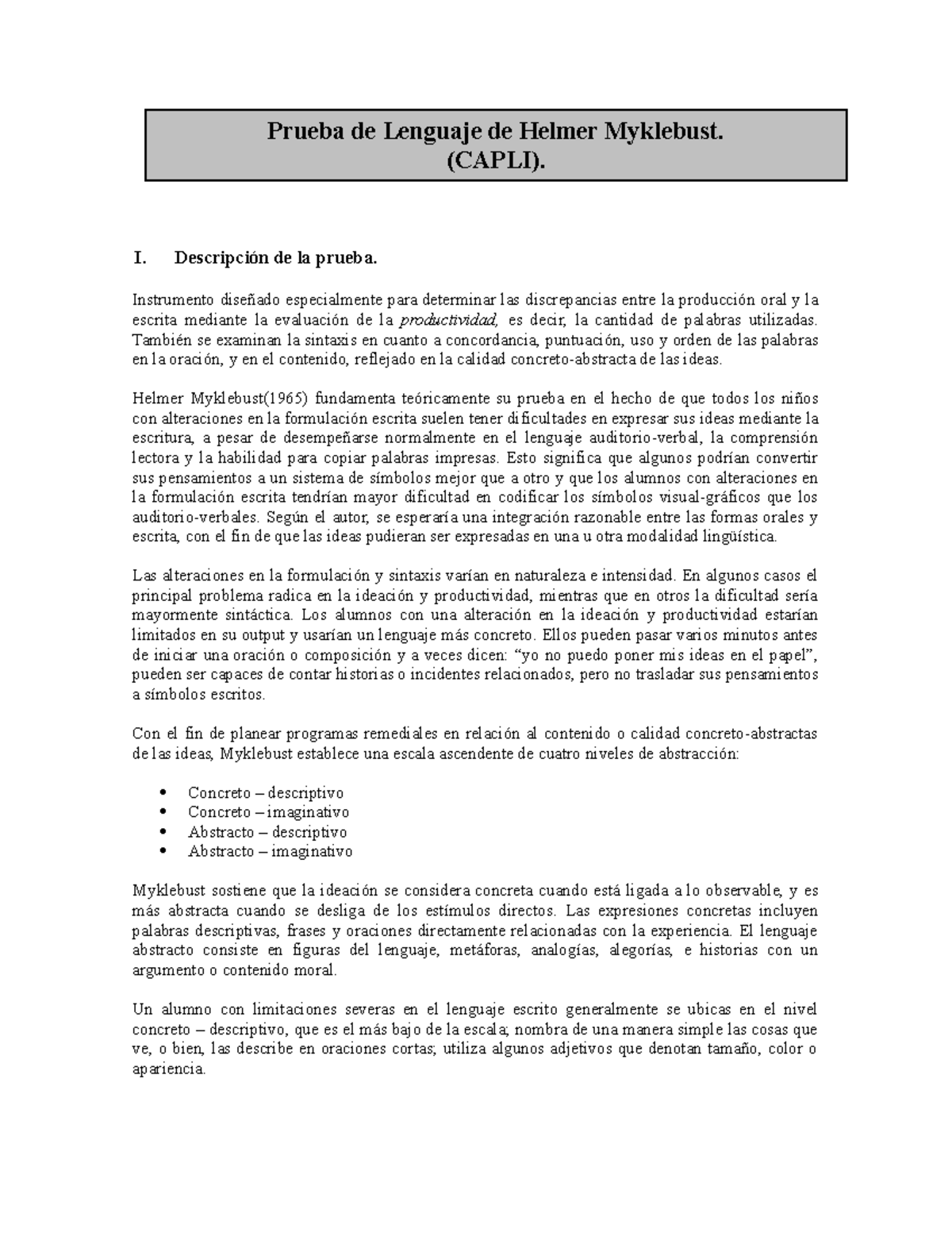 Prueba de Lenguaje ( Capli) - I. Descripción de la prueba. Instrumento ...