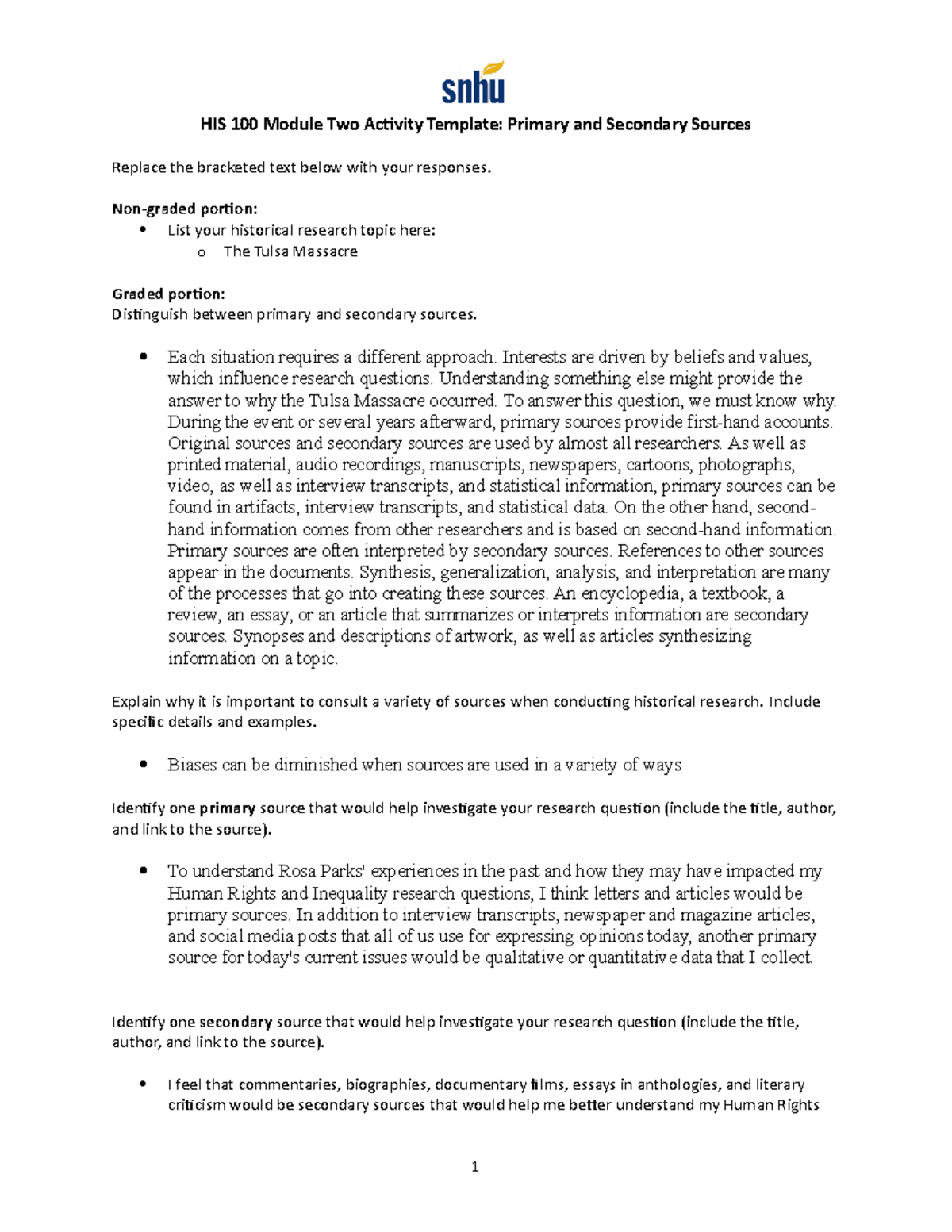 Module 2 Activity Pt. 2 - HIS 100 Module Two Activity Template: Primary ...