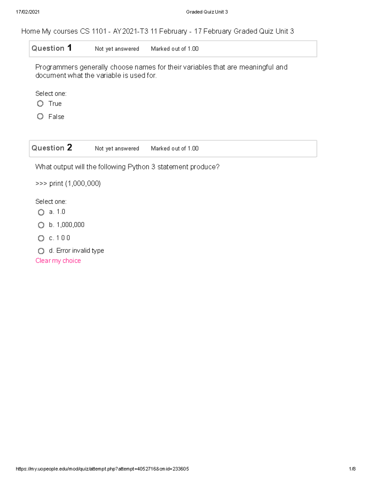 Graded Quiz Unit 3 AY2021-T3 - Question 1 Not yet answered Marked out ...