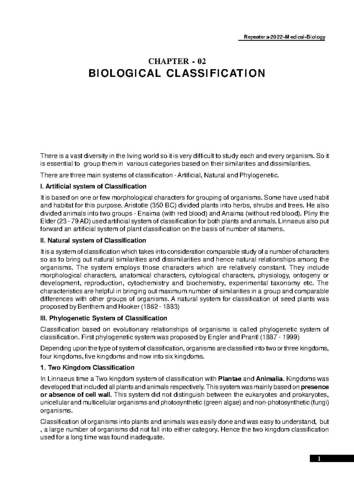 Biological Classification - R epeat er s- 20 22 -M edical-Biology There ...