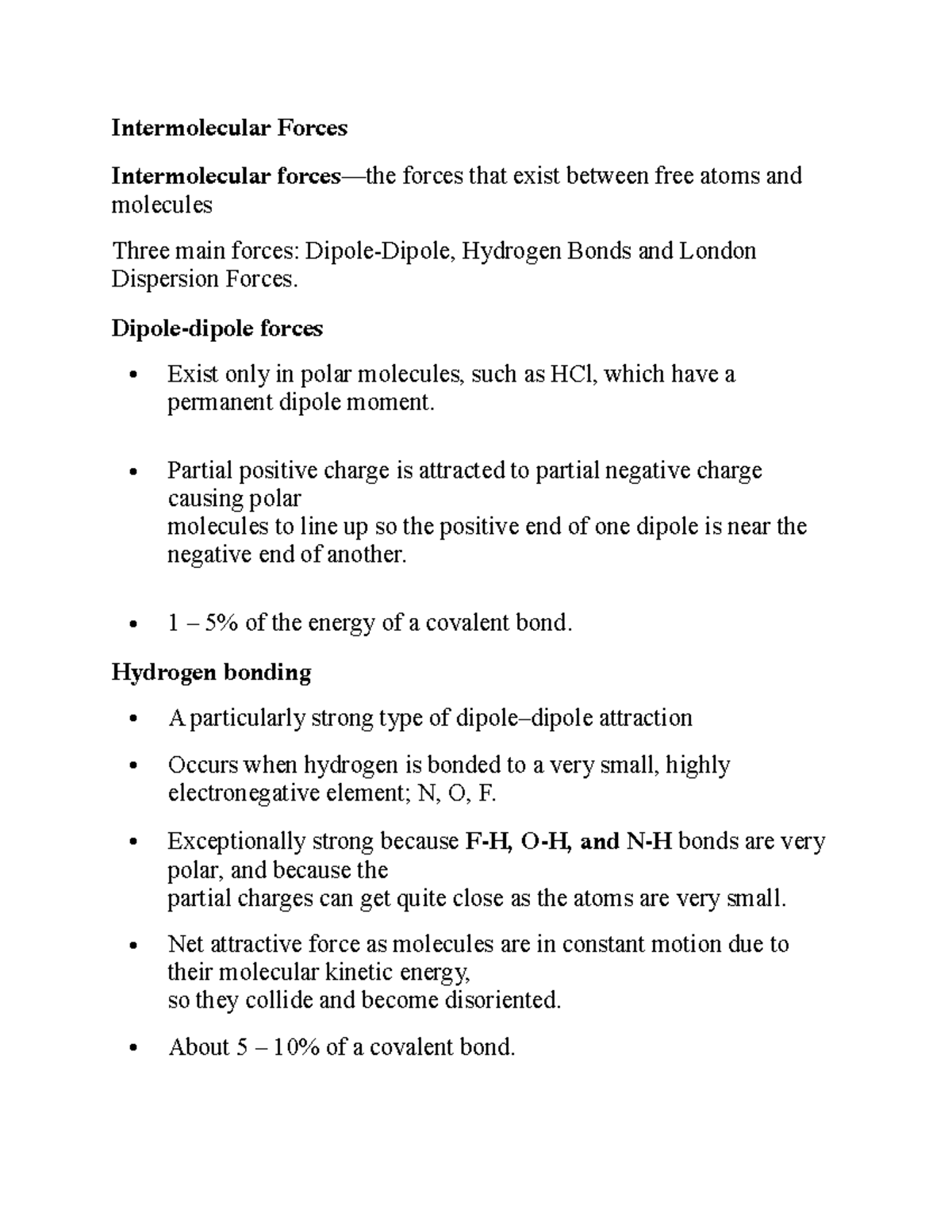 General Chemistry Lecture Notes - Intermolecular Forces Intermolecular ...