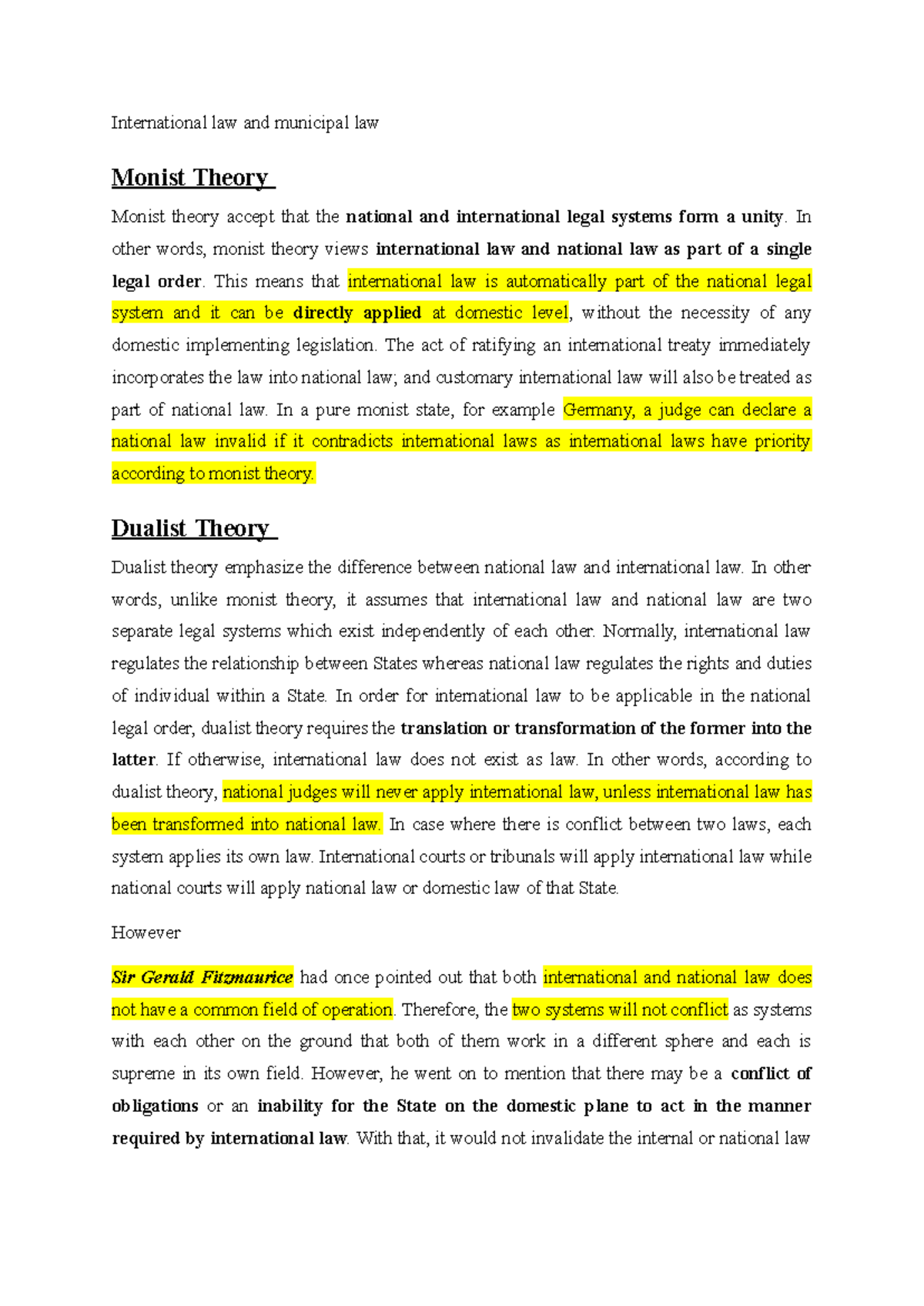 note which is stuff - International law and municipal law Monist Theory ...