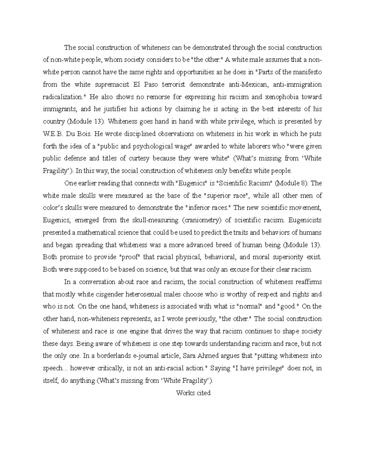 Reflective Essay: Construction of Whiteness grade A - The social ...
