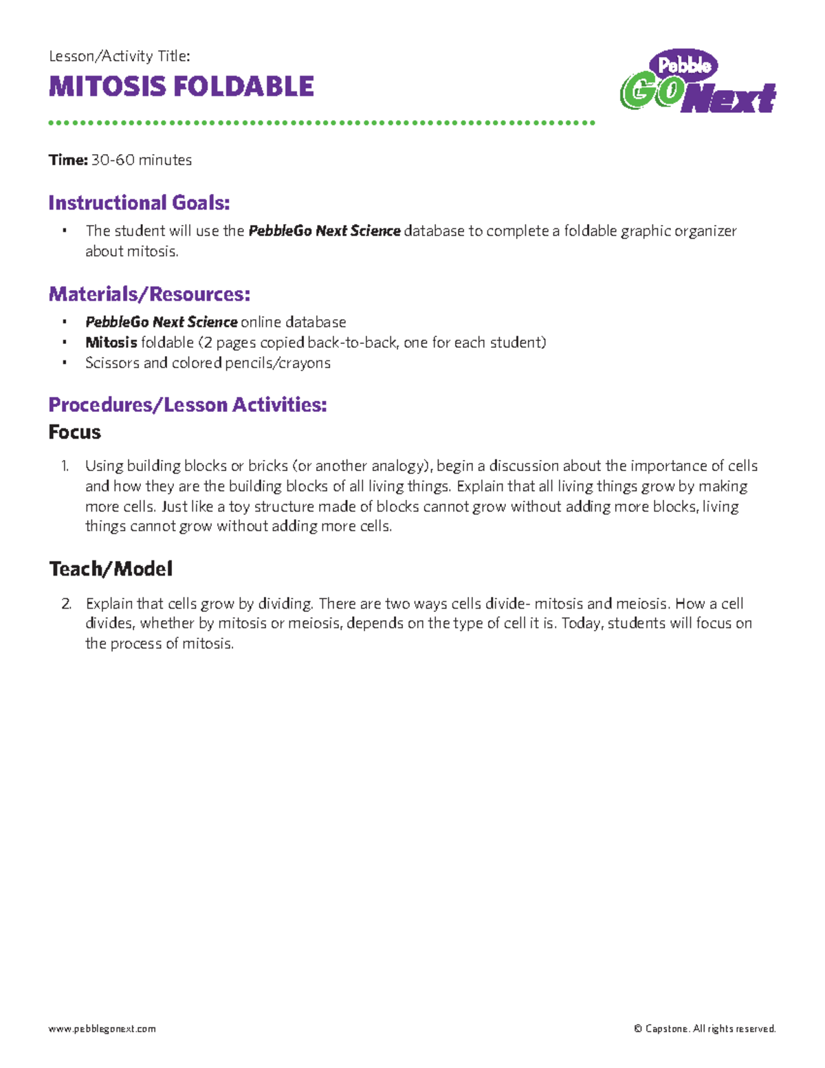 Mitosis Foldable - pebblegonext © Capstone. All rights reserved. Lesson ...