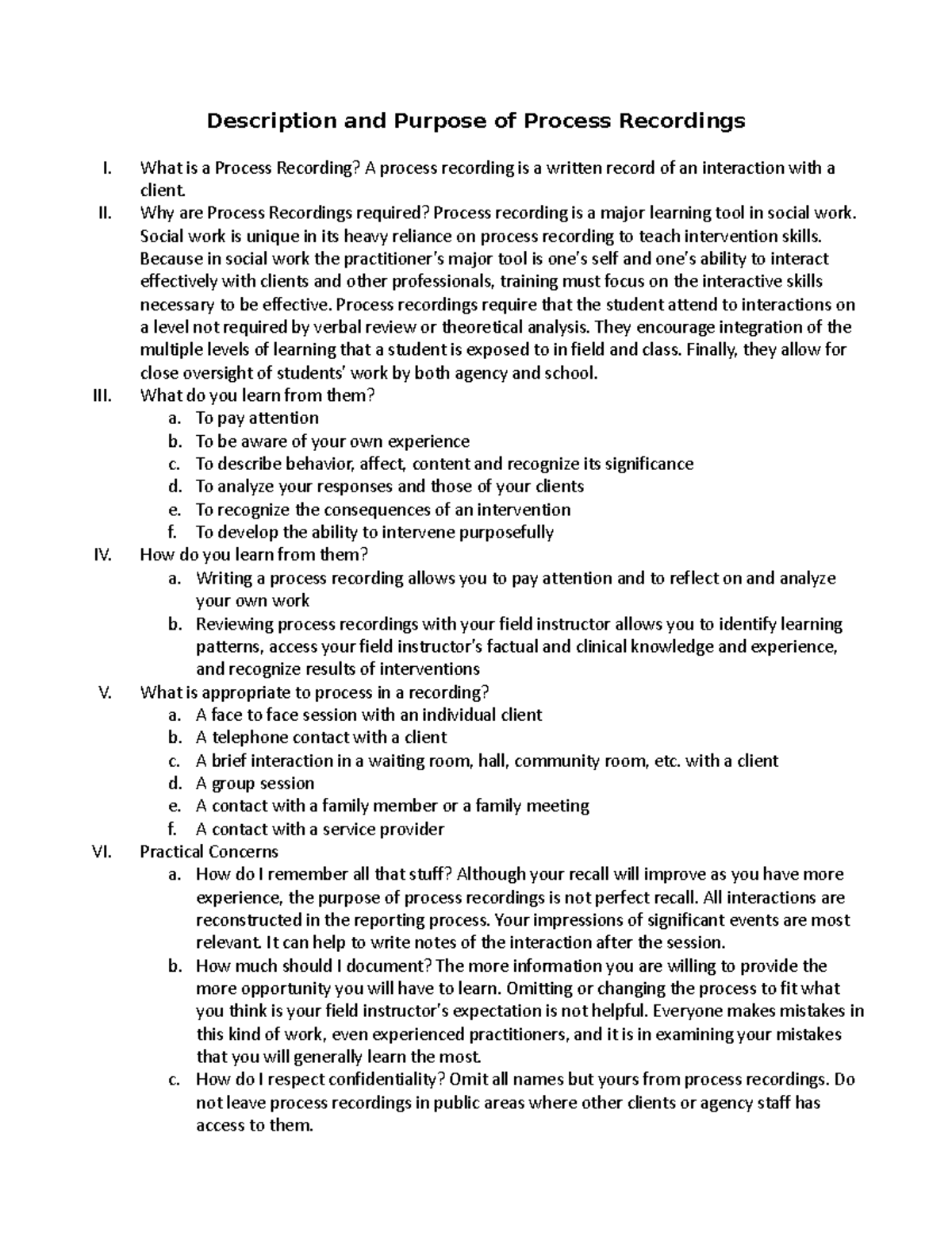 Clinical Process Recording Final - Description and Purpose of Process ...