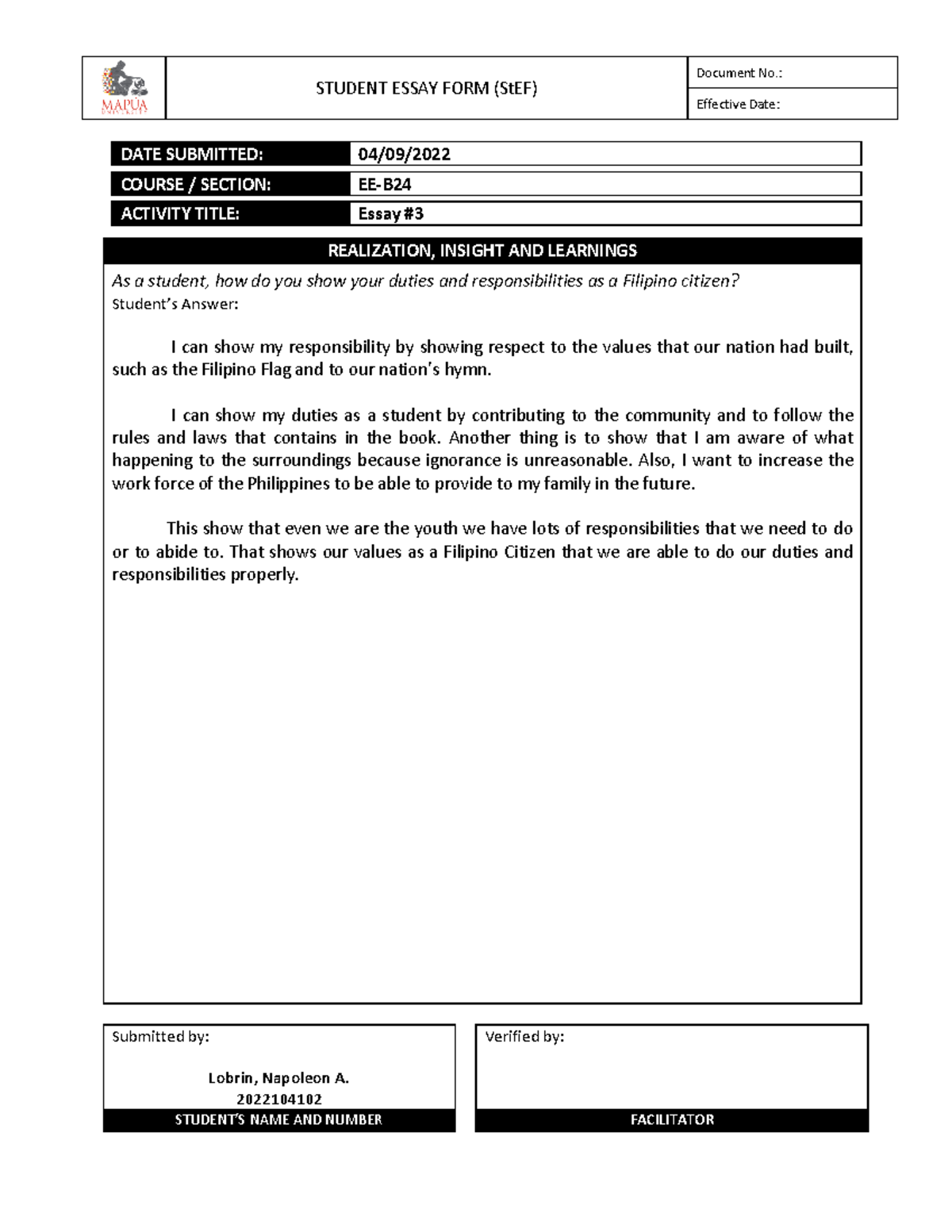 Lobrin - NSTP 100 Essay #3 - STUDENT ESSAY FORM (StEF) Document No ...