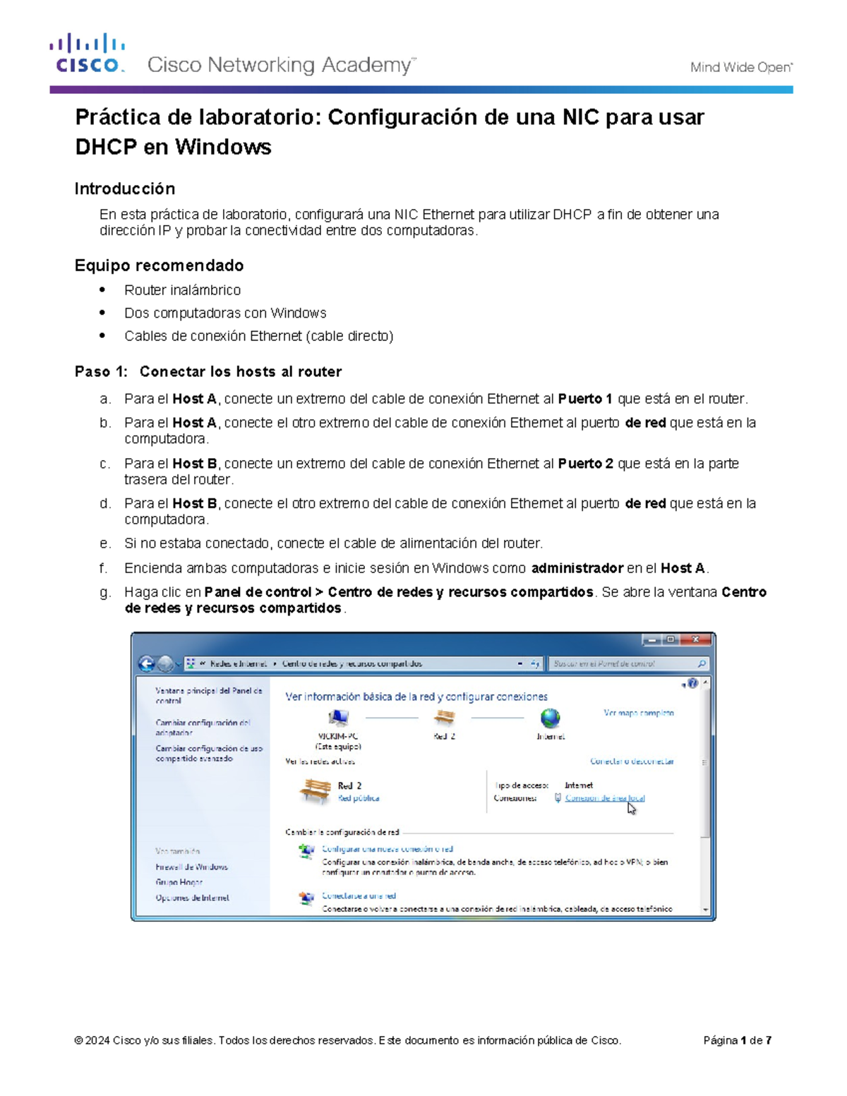 Practica 12.2 - Configurar NIC para usar DHCP en Windows - Práctica de laboratorio ...