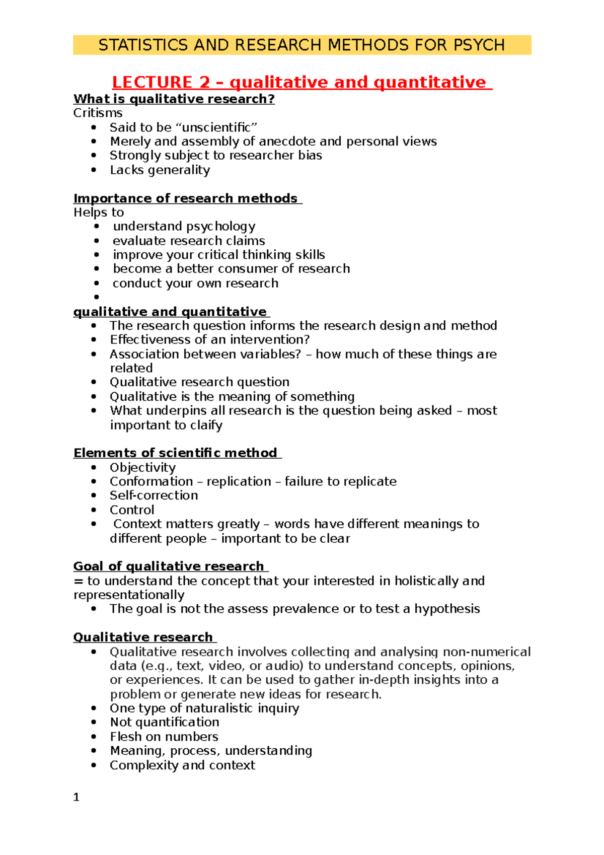 Stats for psych Notes - LECTURE 2 – qualitative and quantitative What ...