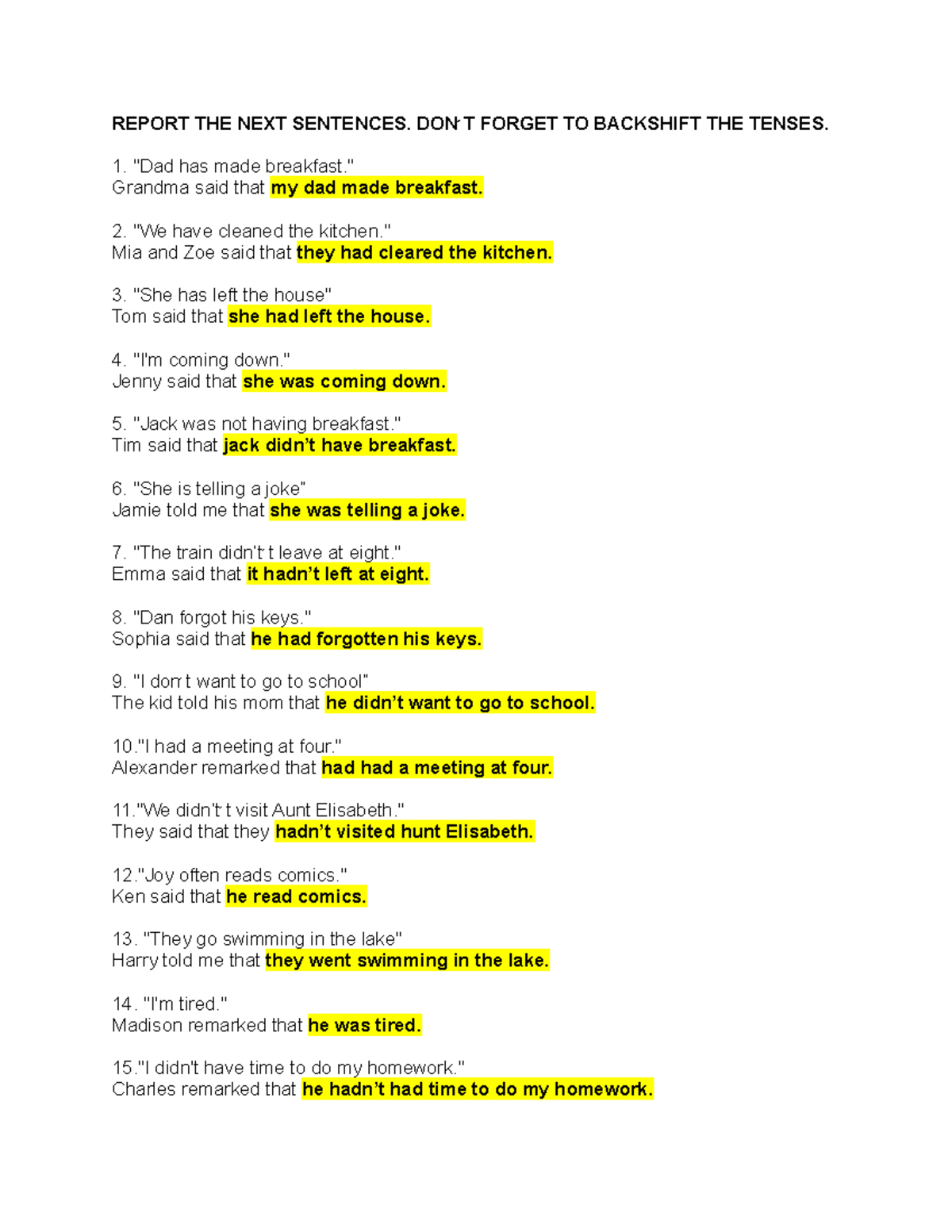 Reported- Speech - ok, tarea - REPORT THE NEXT SENTENCES. DON ́ T ...