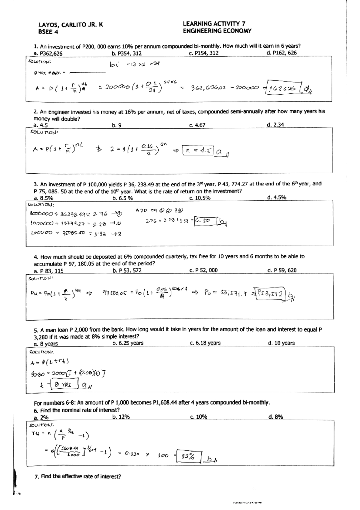 Engineering Economics LA 7 - Bachelor of Science in Electrical Engineering - NVSU - Studocu