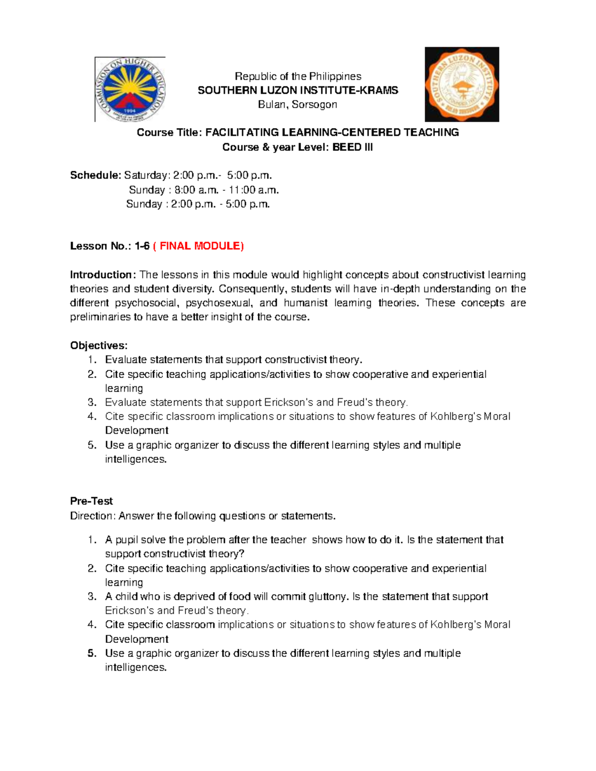 Final Module Facilitating - Republic of the Philippines SOUTHERN LUZON ...