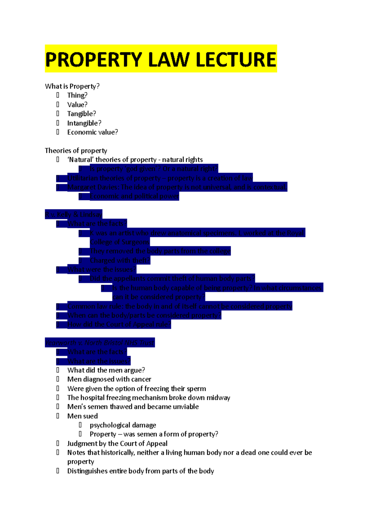 Property law lecture 23 - PROPERTY LAW LECTURE What is Property? Thing ...